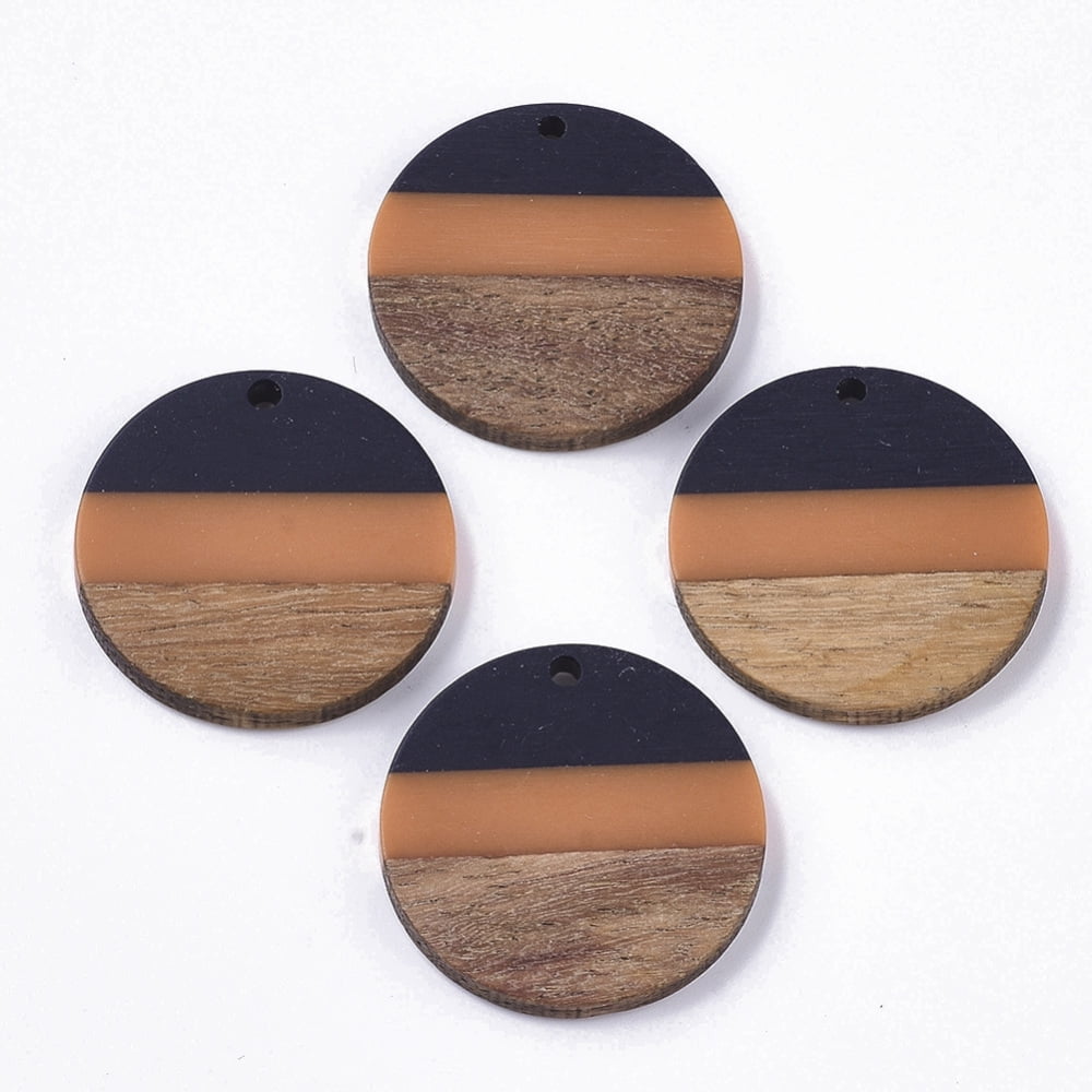 30 pc Tri-color Resin Walnut Wood Pendants Flat Round Prussian Blue ...