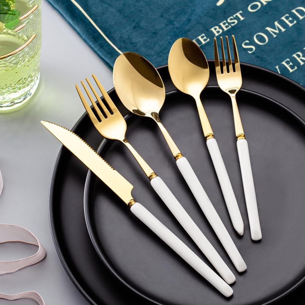 30-piece Silverware Set With White Ceramic Handle,Stainless Steel ...