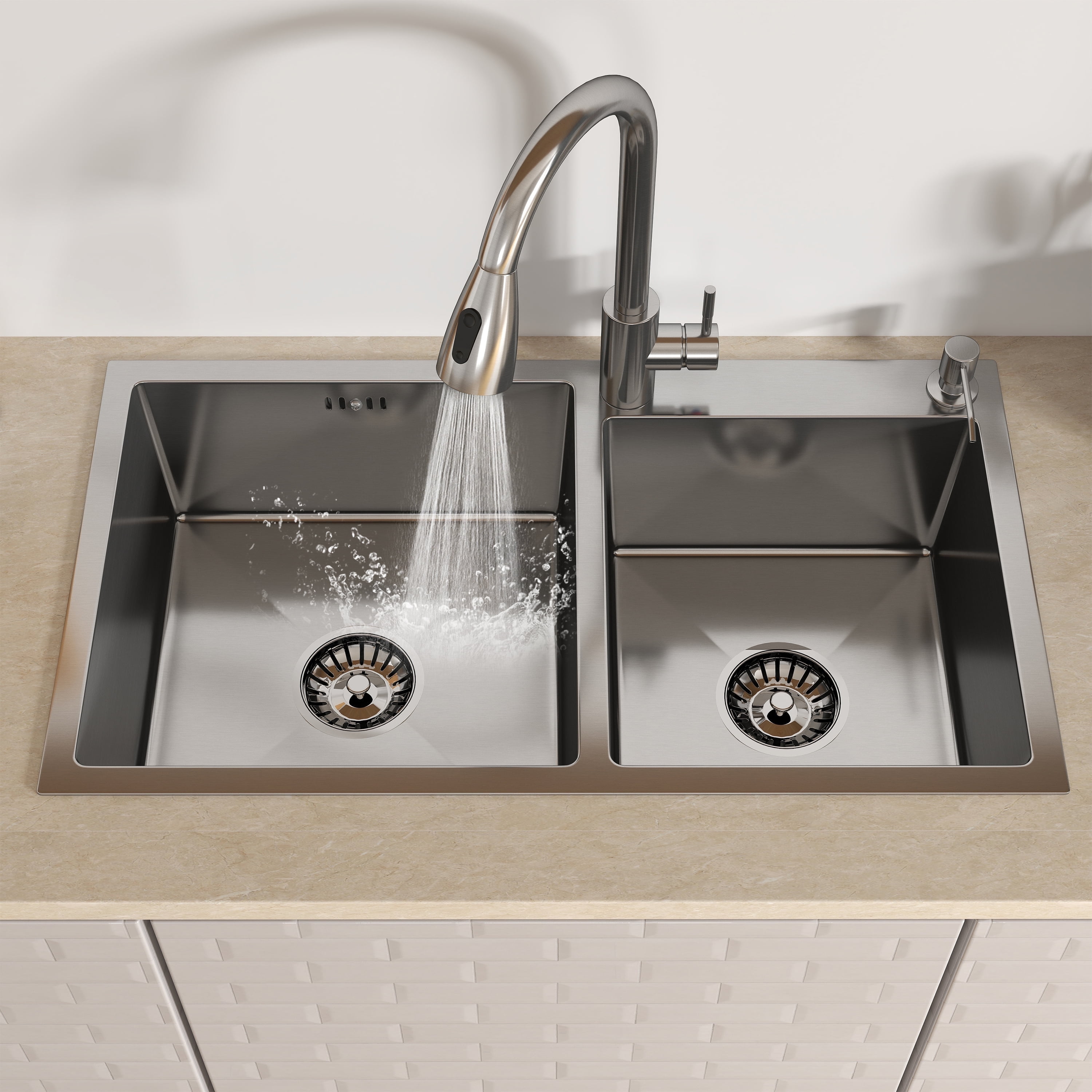 30" x 17" Double Bowl Drop In Sink, Kitchen Sink Top Mounted 304 ...