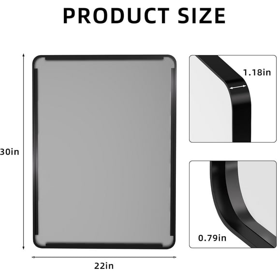 30 x 22 Inch Aluminum Frame Wall Mirror Black Rectangular Vanity Style ...