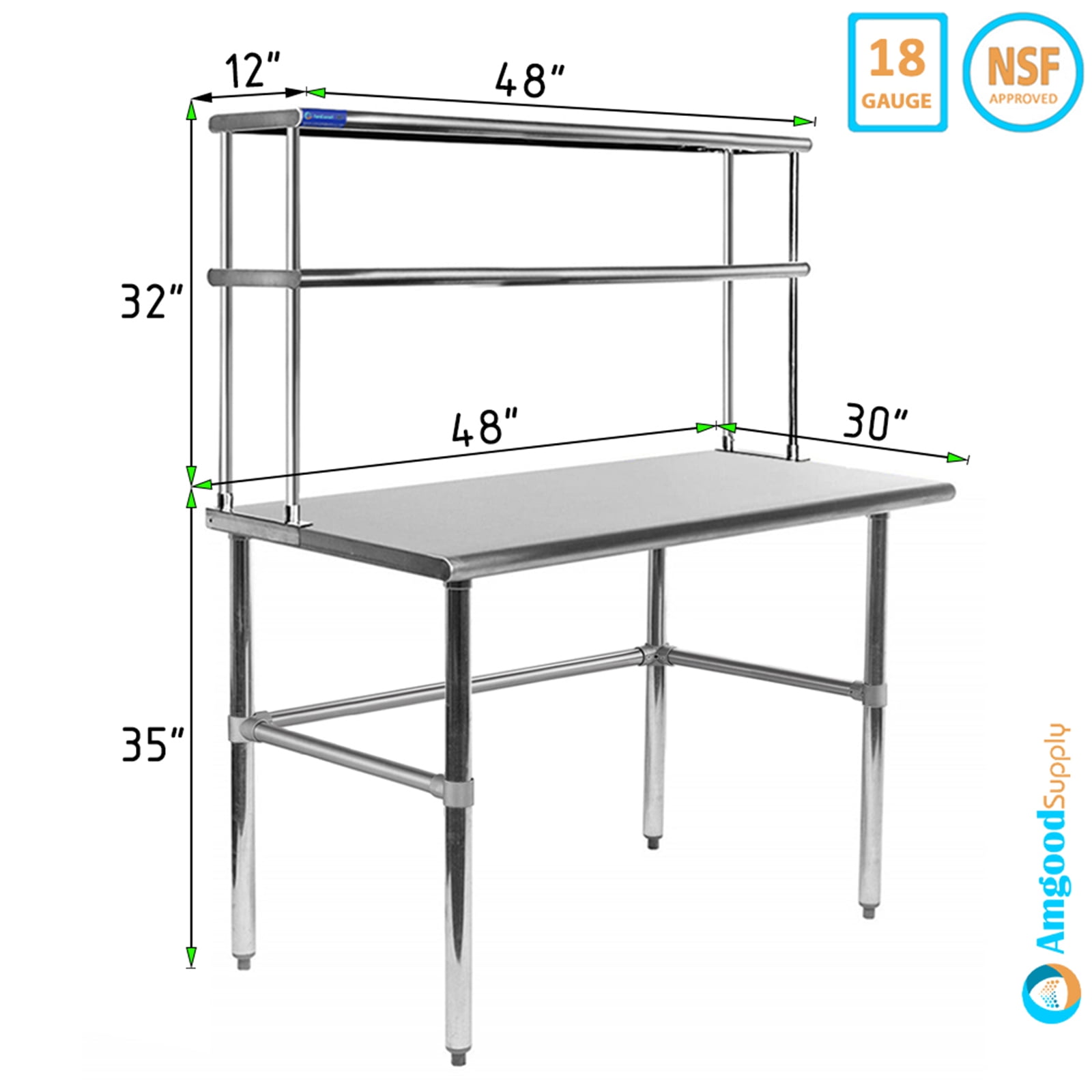 30" x 48" Stainless Steel Open Base Table With 12" Wide Double Tier ...