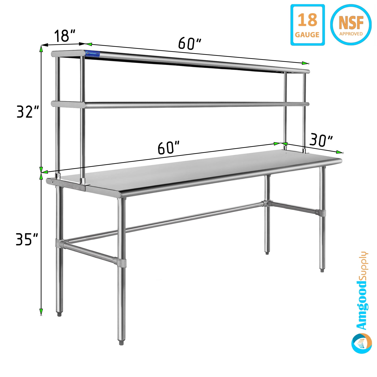 30" x 60" Stainless Steel Open Base Table With 18" Wide Double Tier ...