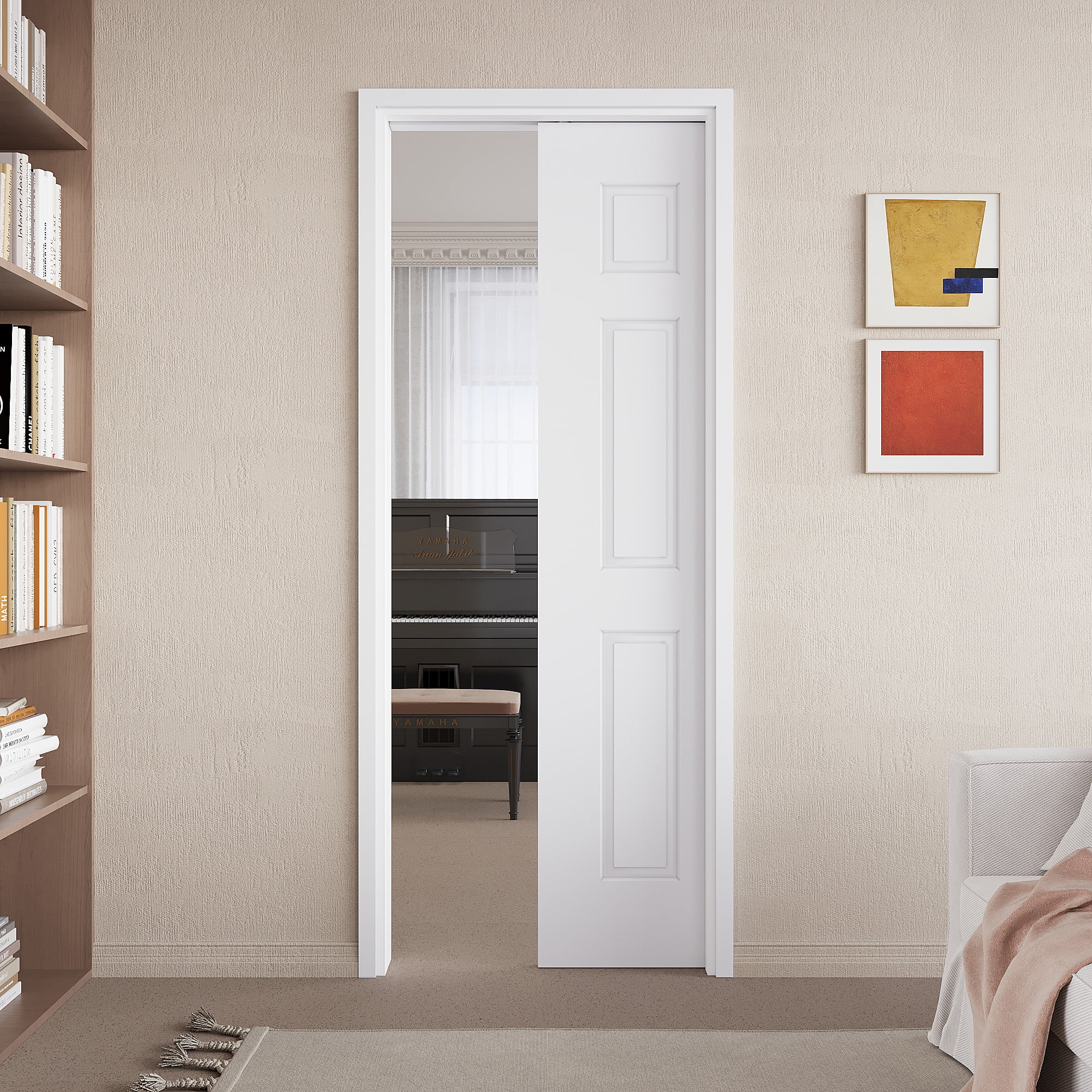 30" x 80" 6 Panel Pocket Door with Soft Close, Molded Solid Core Door ...