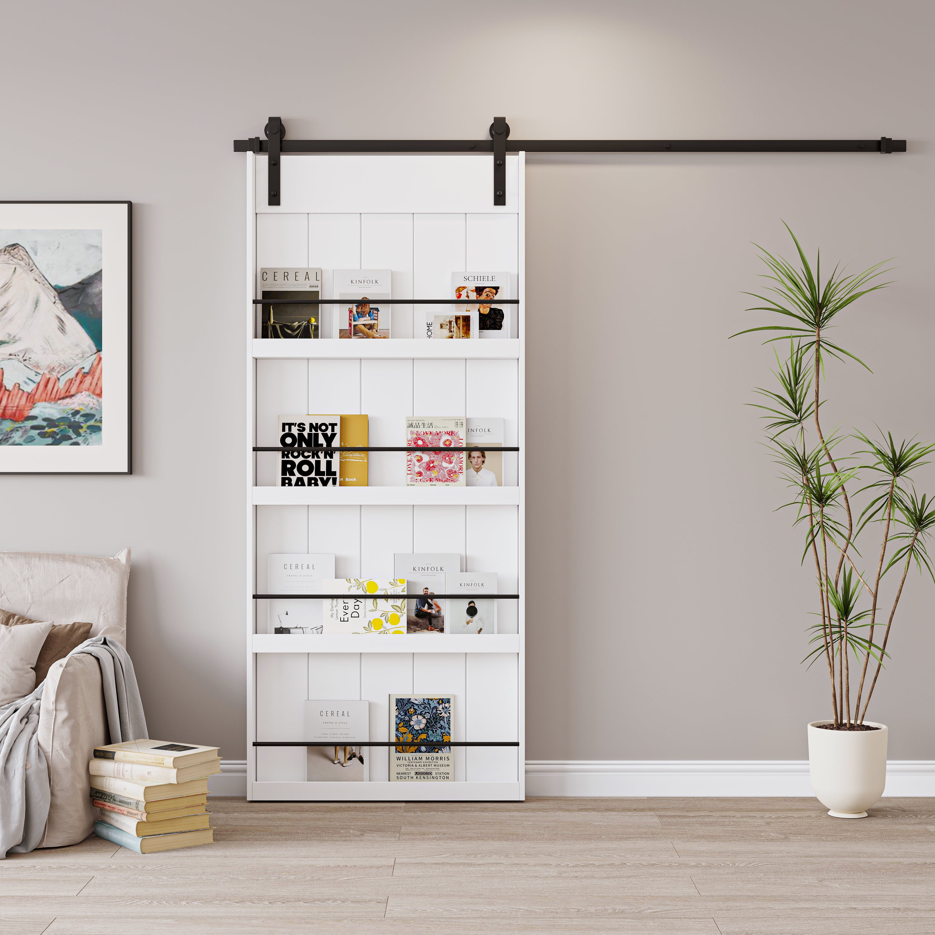 30'' x 84'' Wood and Primed Bookshelf Barn Door with Mounting Hardware ...