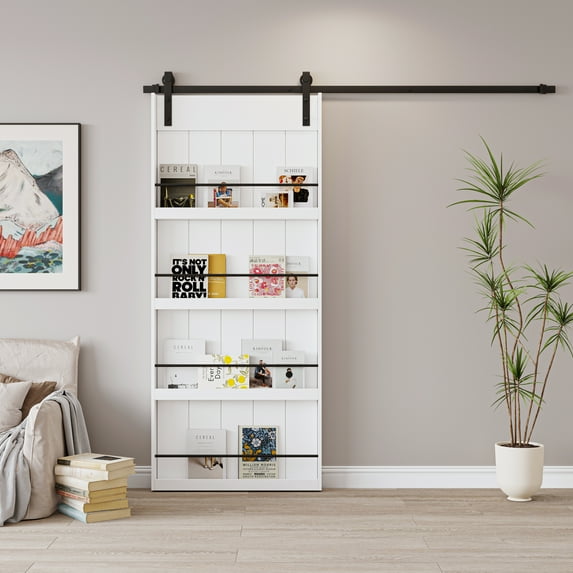 30'' x 84'' Wood and Primed Bookshelf Barn Door with Mounting Hardware ...