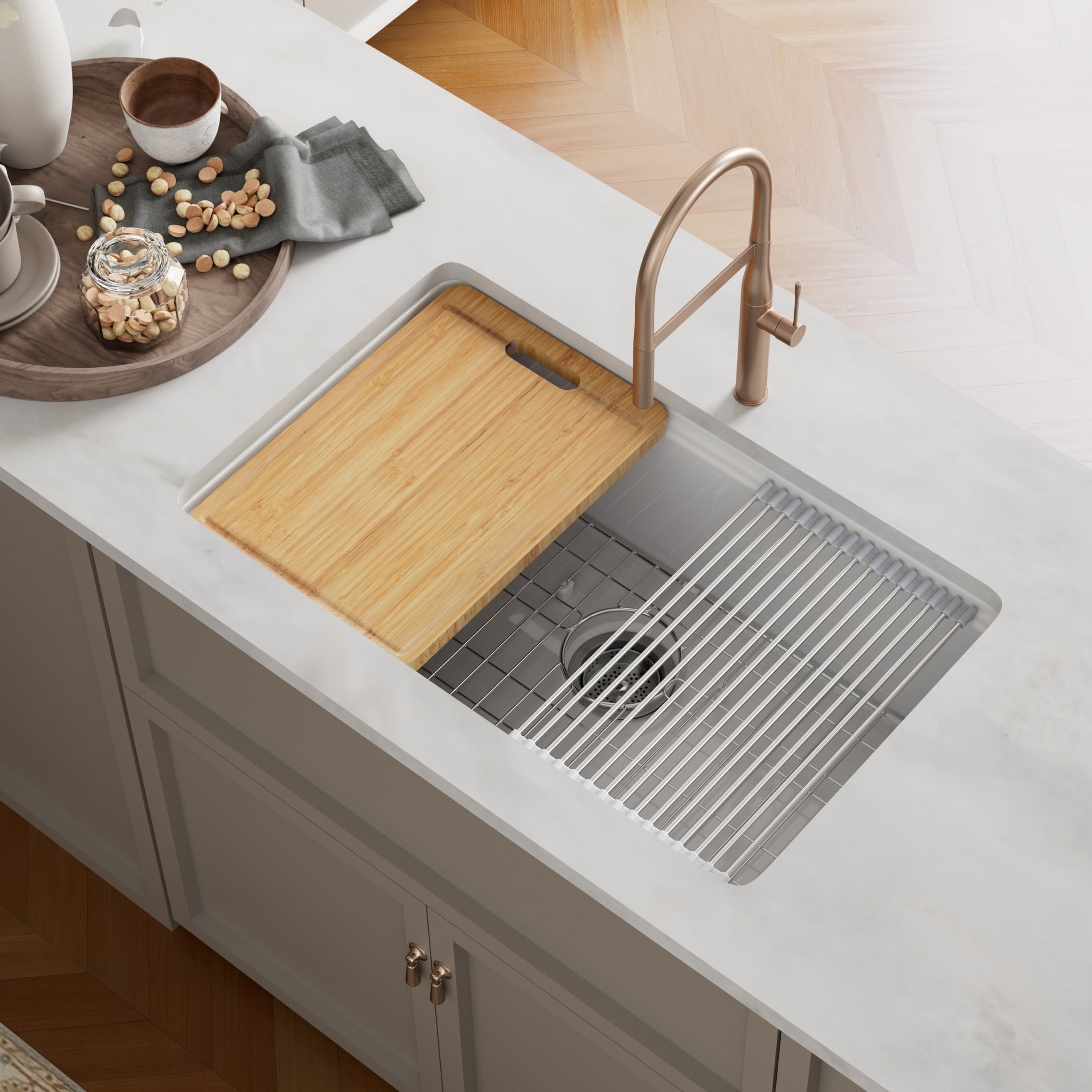 30"x19" Rectangular Fireclay Workstation Kitchen Sink in Glossy White ...