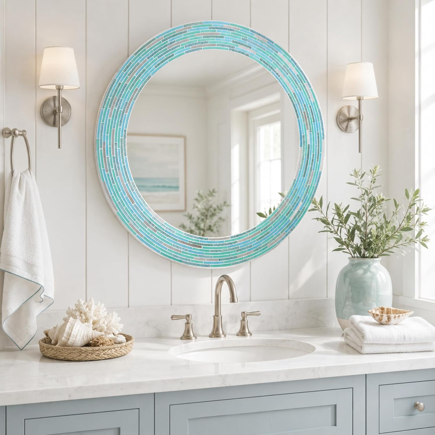 30"x30" Reeded Tiled Sea Glass Aqua Blue Vanity Mirror for Bathroom ...