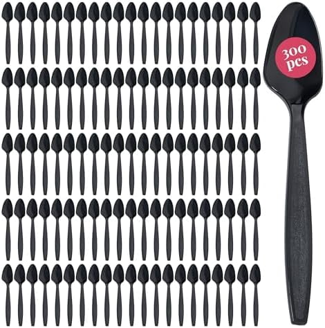 300 Black Plastic Spoons Bulk - Durable Disposable Plastic Silverware ...