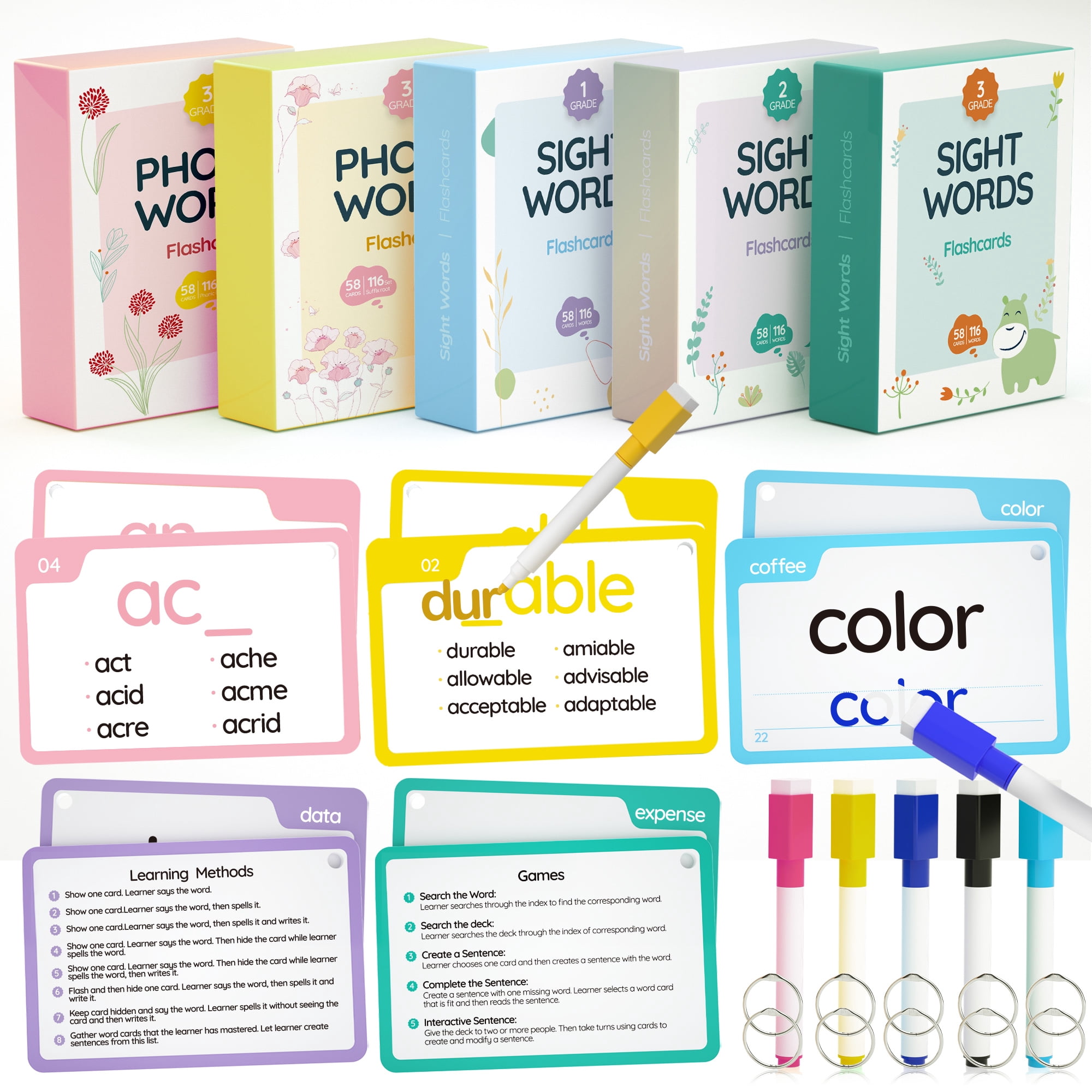 300 Cards, 580PCS High Frequency Sight Words Flash Cards for (Pre-K Pre ...