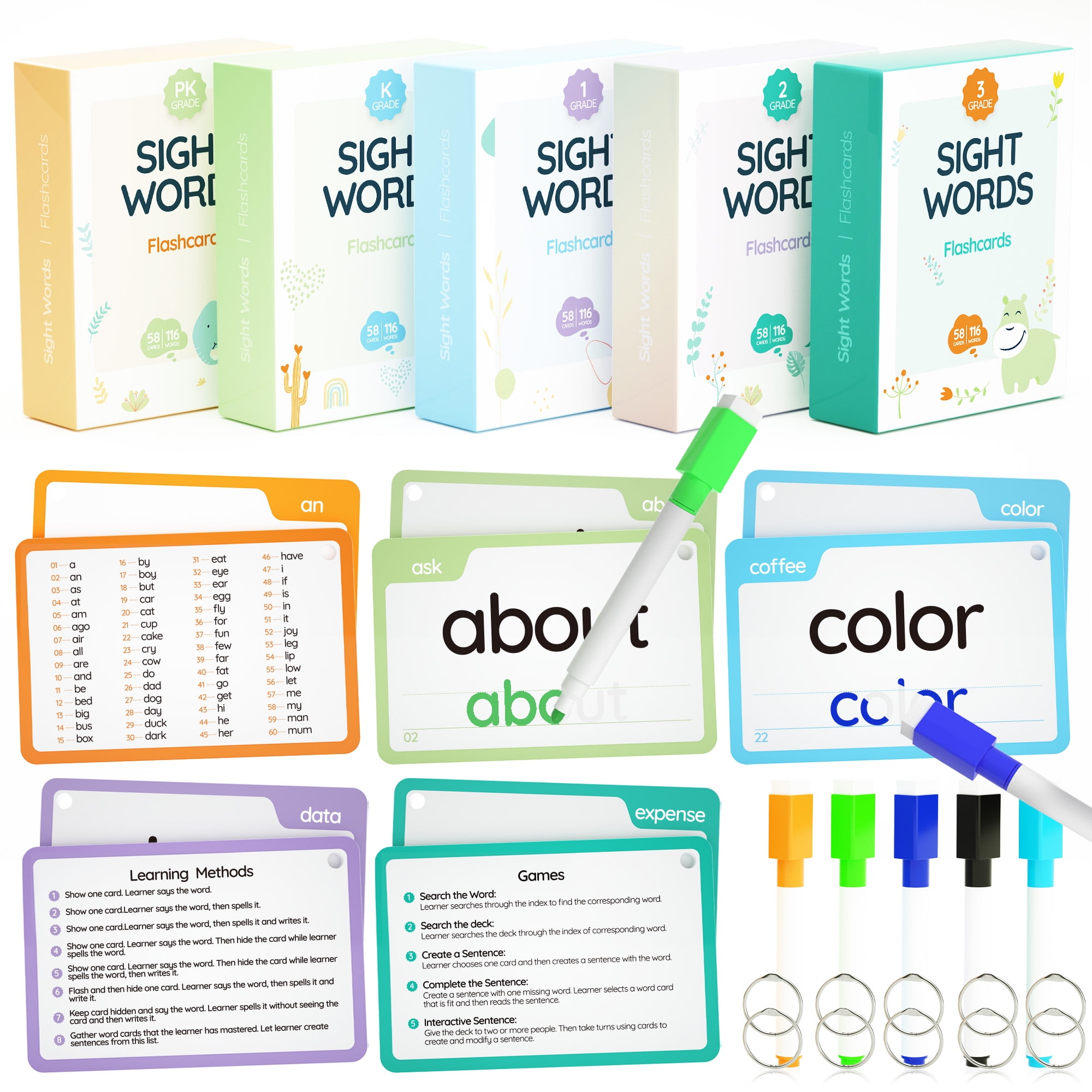 300 Cards, 580PCS High Frequency Sight Words Flash Cards for (Pre-K Pre ...