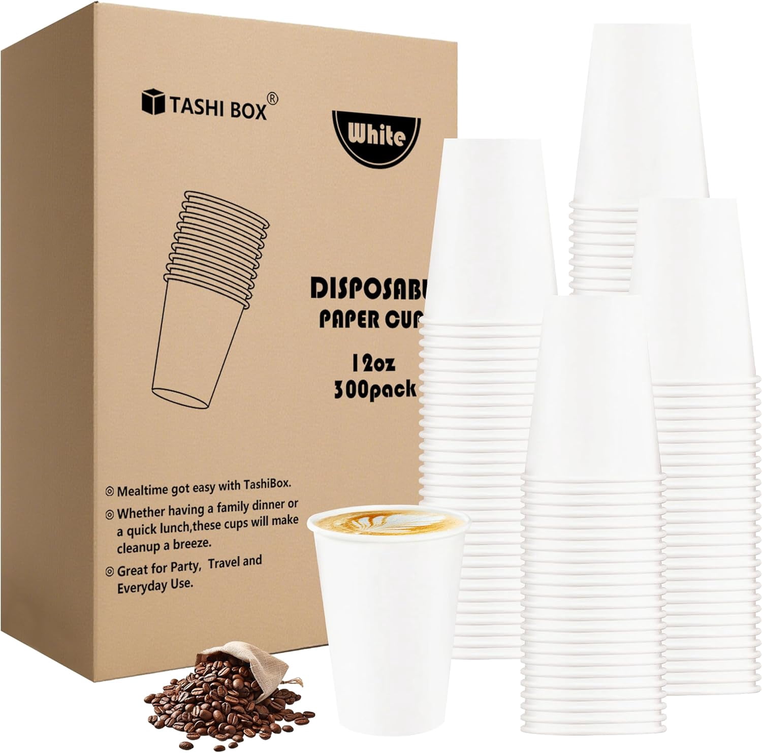 300 Count 12 oz Disposable Paper Coffee Cups - White Paper Cups for ...