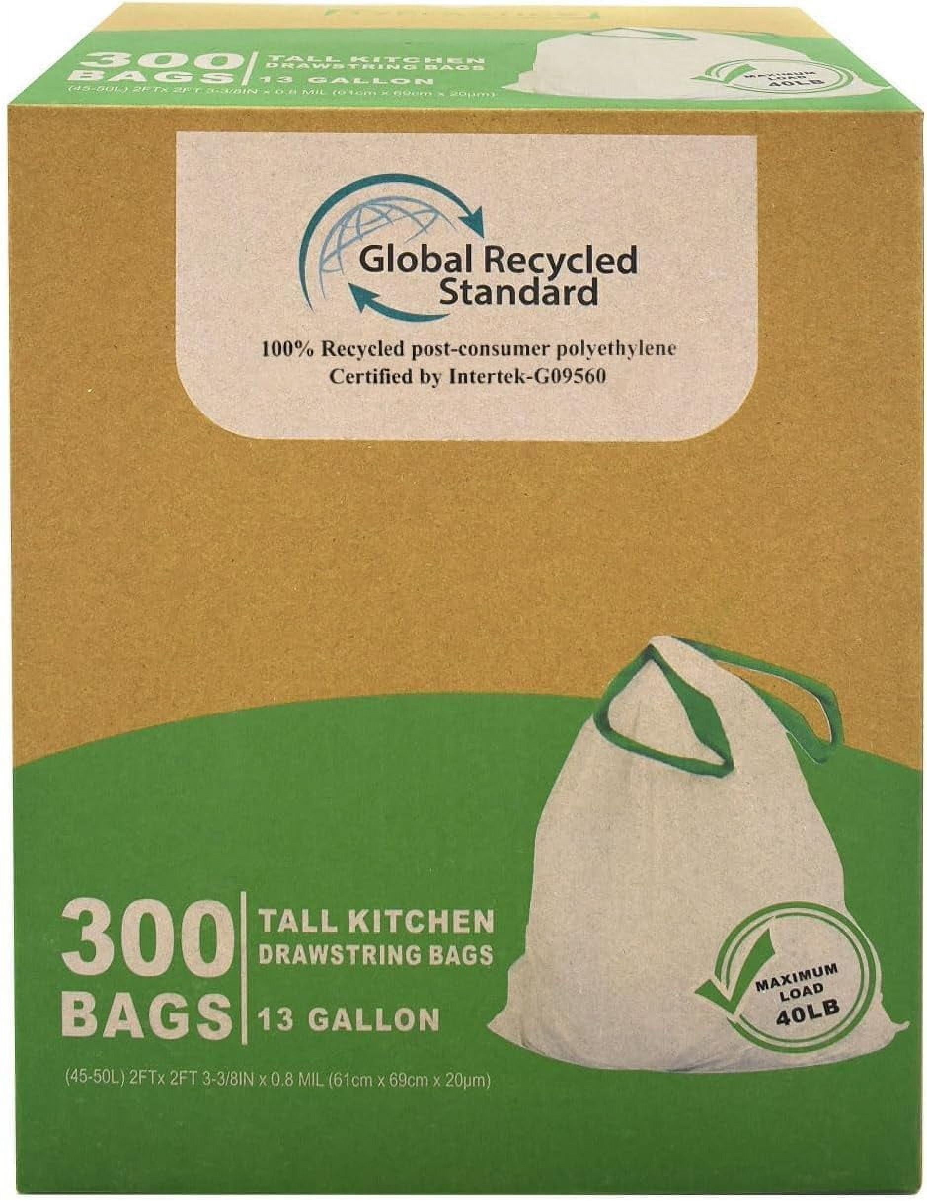 300 Count 13 Gallon Tall Kitchen Drawstring Trash Bags, GRS Compliant ...