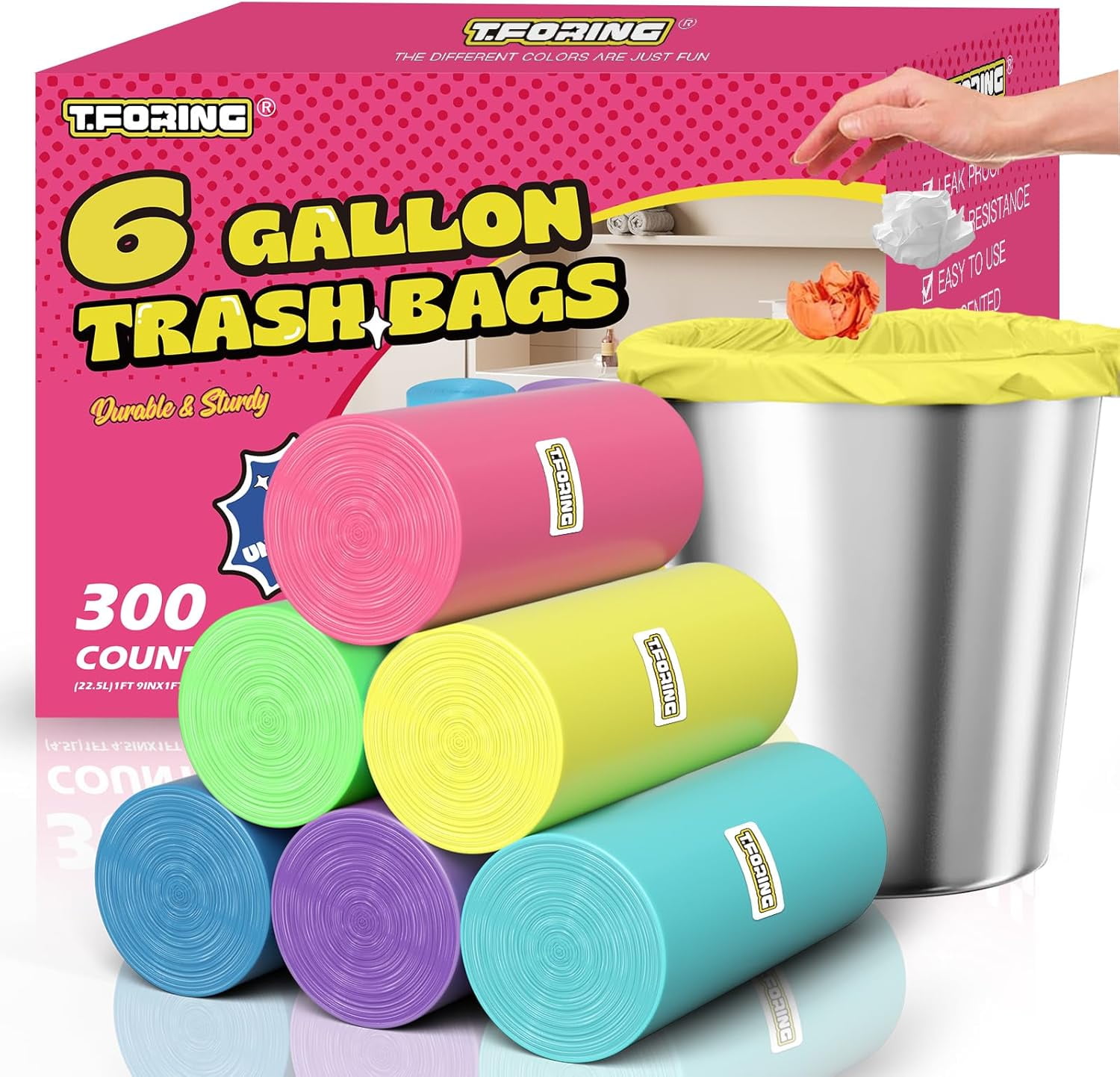 300 Count 6 Gallon Trash Bags - 22 Liter Colored Medium Garbage Bags ...