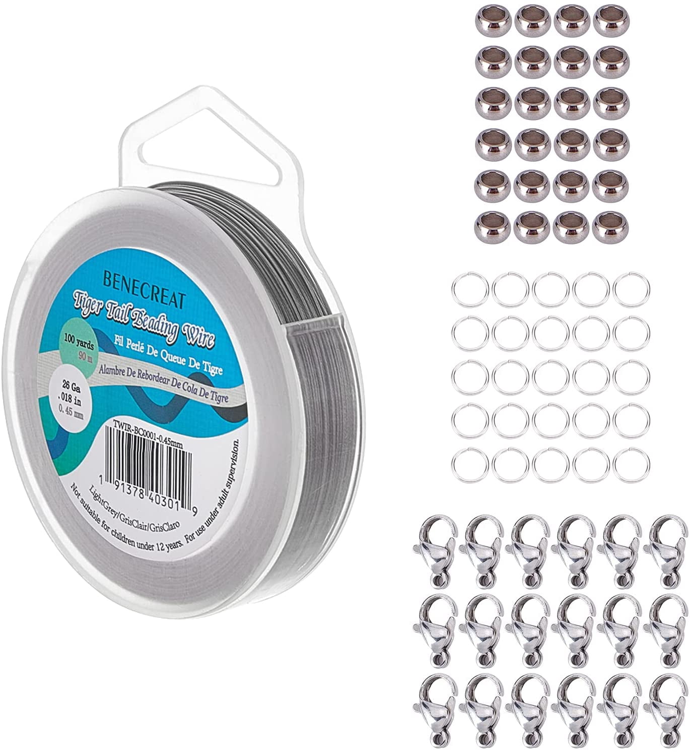 300-Feet 0.46mm Stainless Steel 7-Strand Beading Wire with 200pcs Jump ...