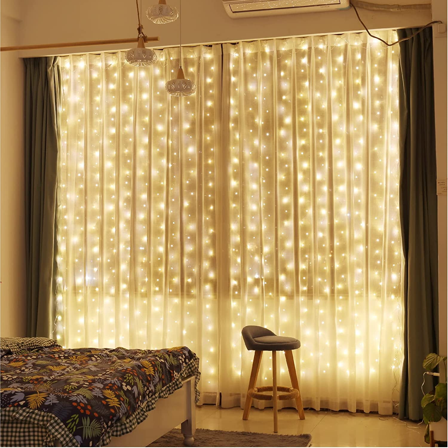 300 LED Curtain Fairy Lights with Remote, 8 Modes 9.8 × 9.8 Ft Curtain ...