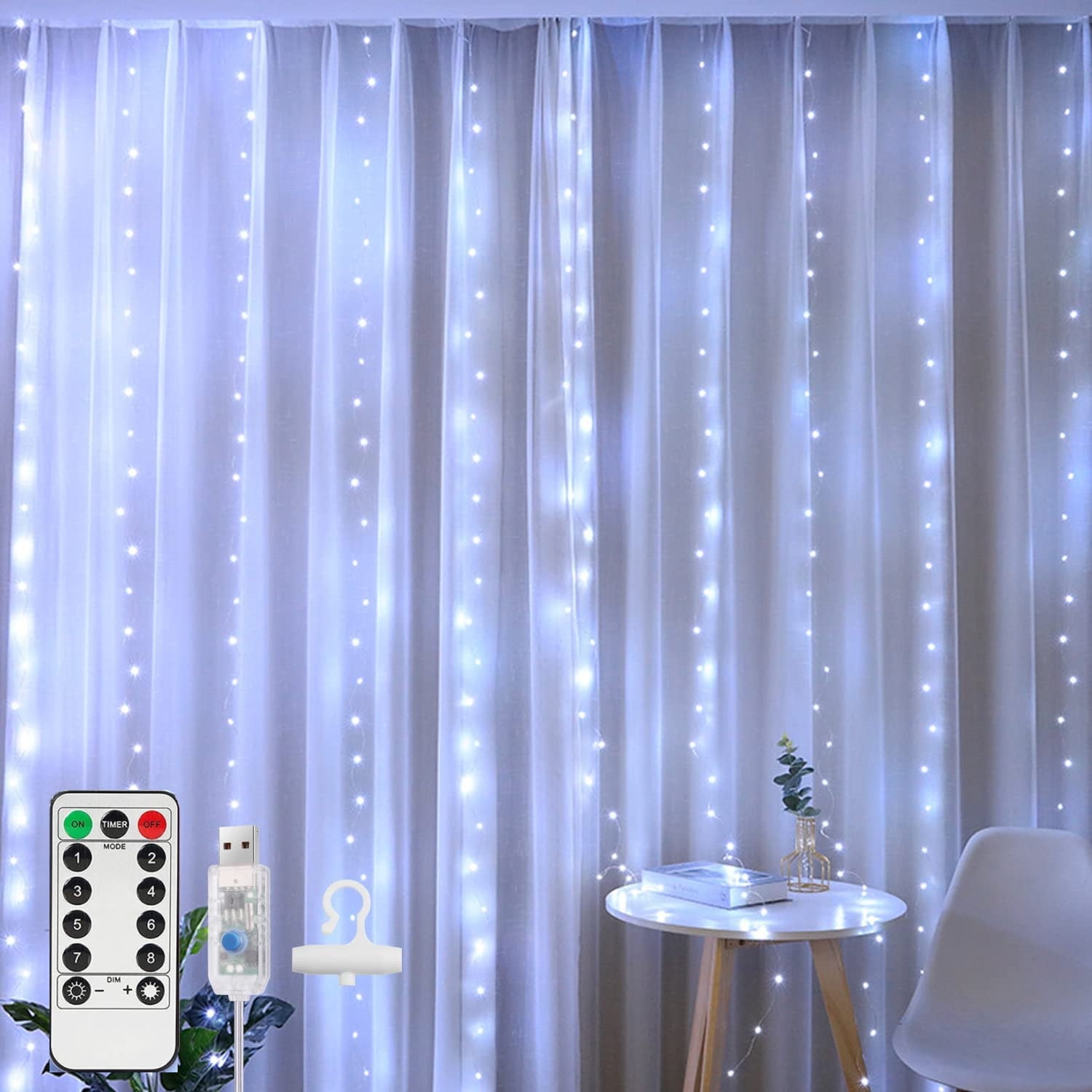 300 LED Curtain Lights, 9.8ft x 9.8ft Twinkle Fairy String Lights 8 ...