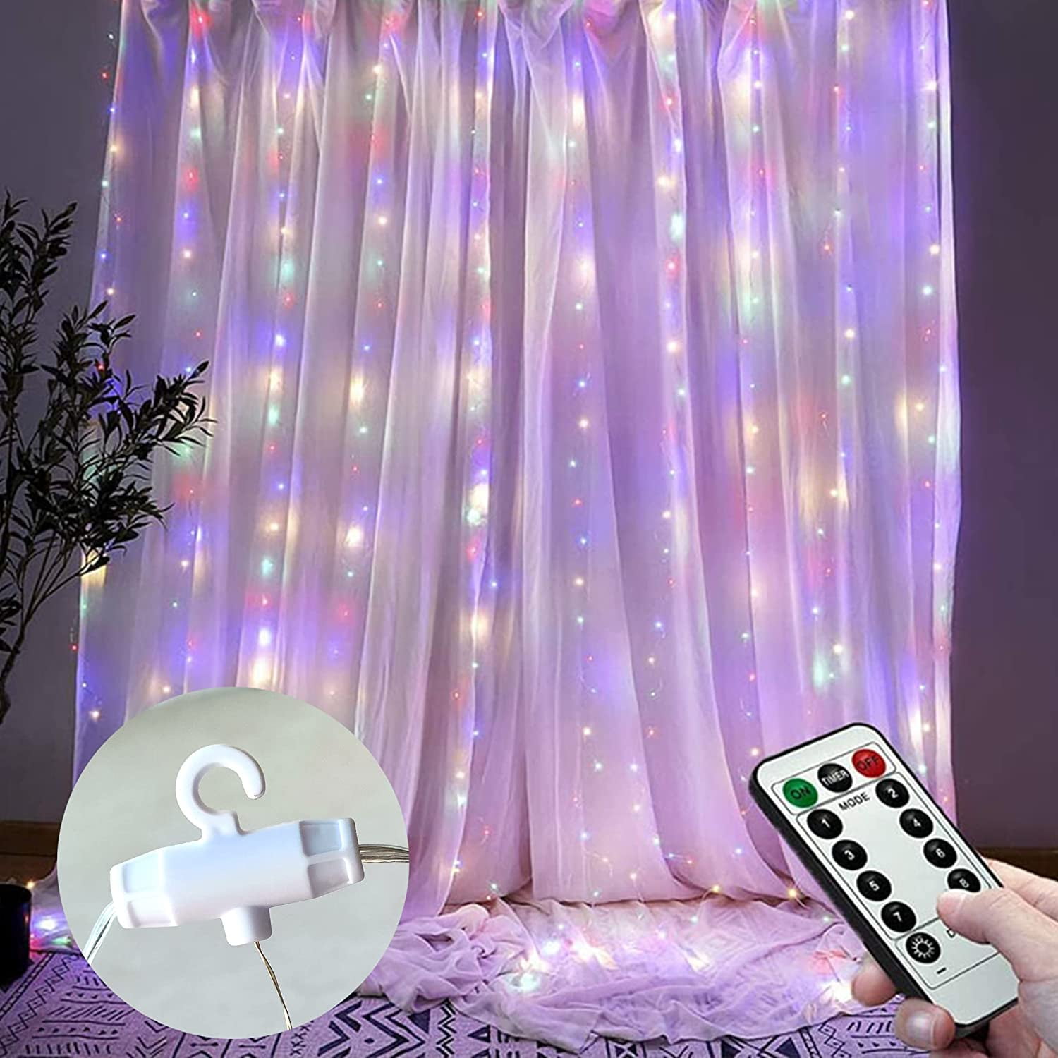 300 LED Curtain Lights, 9.8ft x 9.8ft Twinkle Fairy String Lights 8 ...