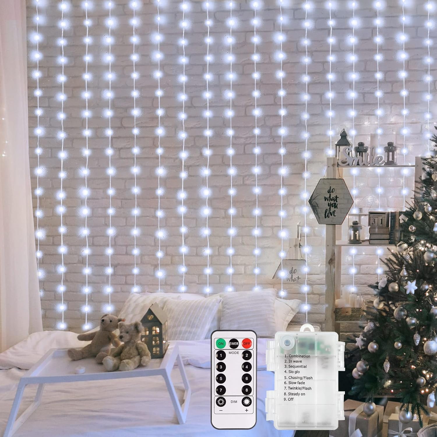300 LED Curtain Lights Battery Operated, 9.8ft×9.8ft Hanging Lights ...