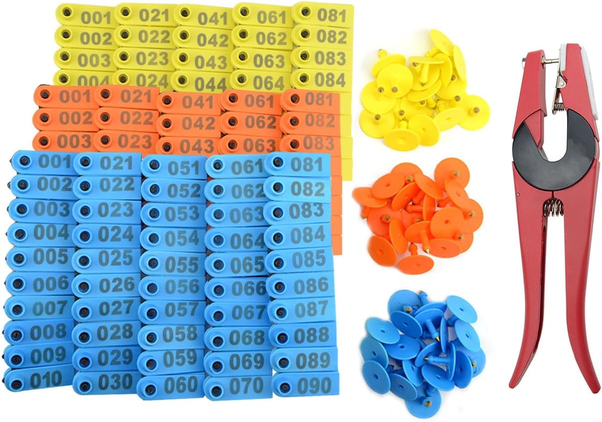 300 PCS 1-100 Number Plastic Livestock Ear Tag Animal Tag Blue Yellow ...