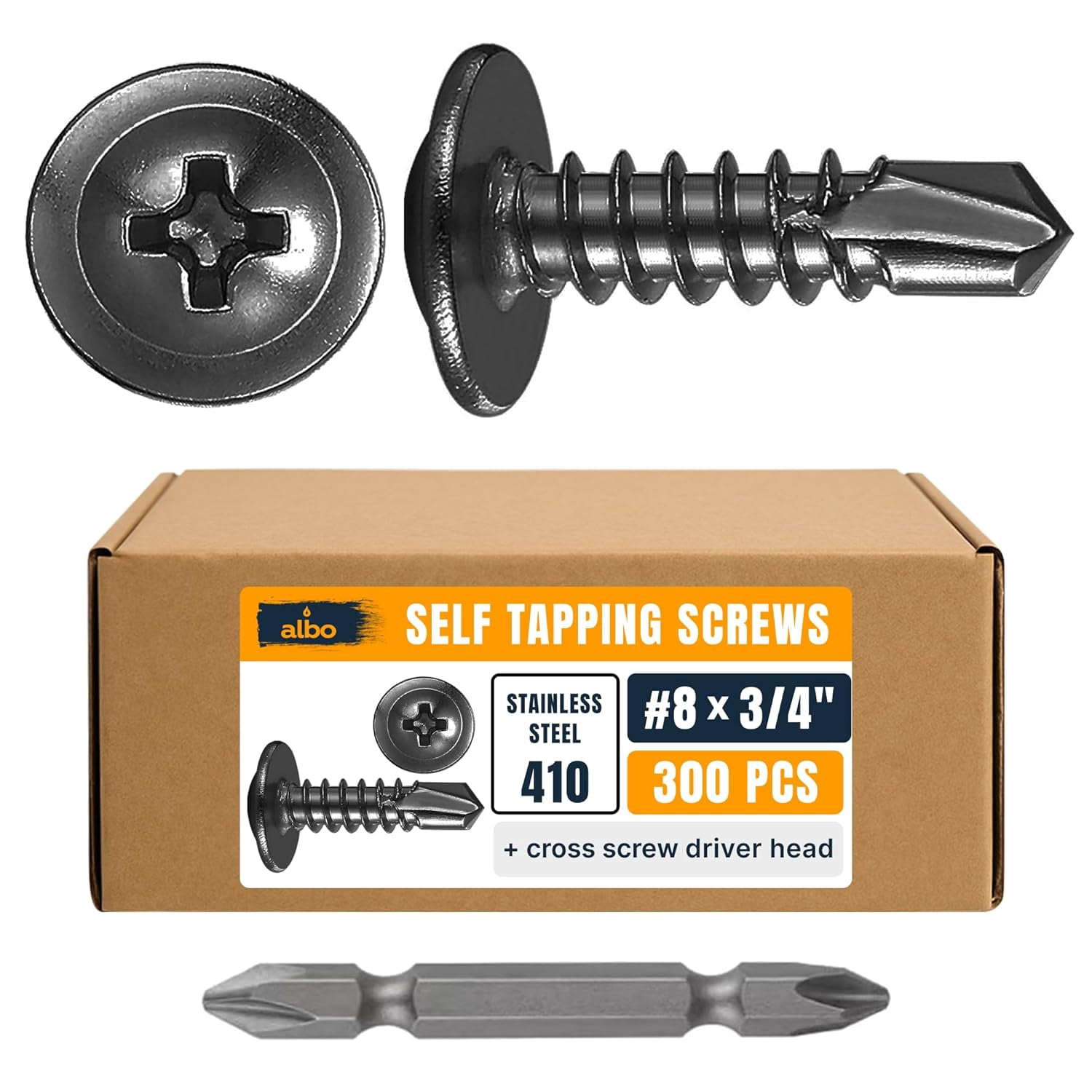 300 PCS. #8 x 3/4" Black Self Tapping Screws for Metal, 410 Stainless ...