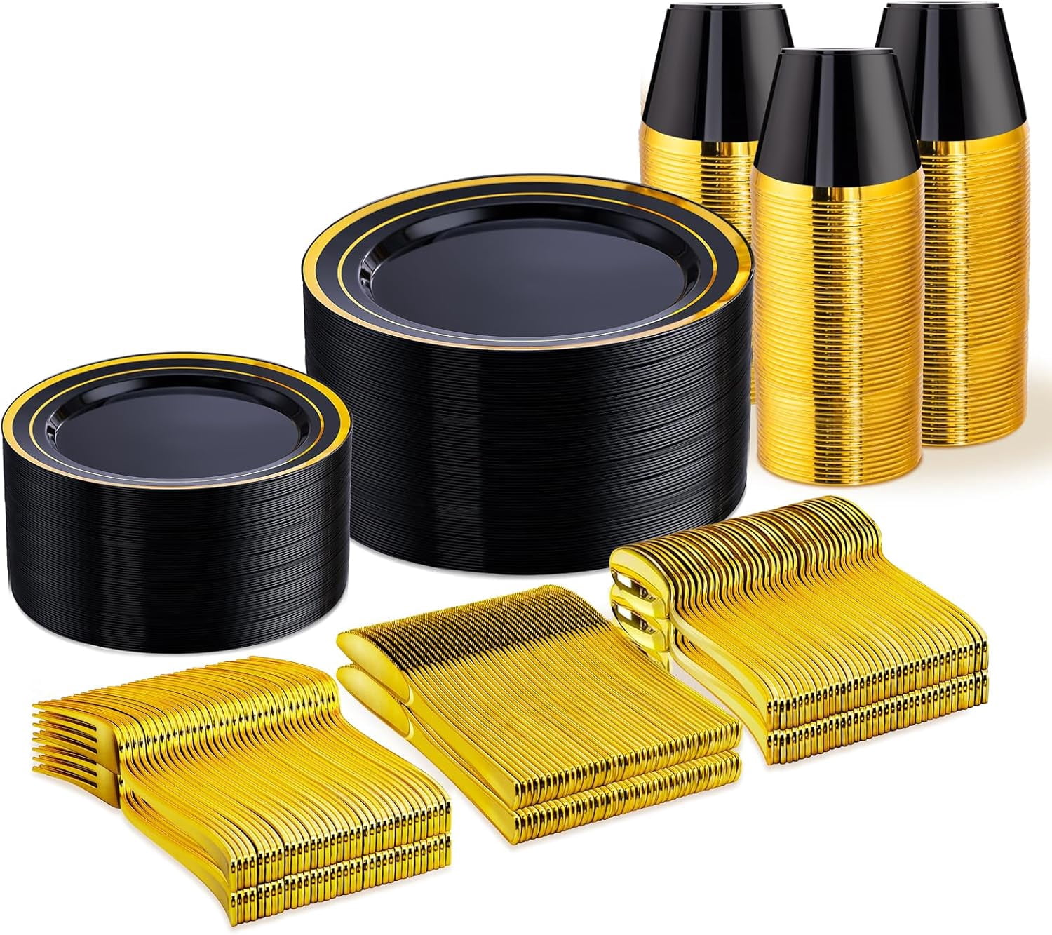 300 PCS Black and Gold Dinnerware Set for 50 Guests, Disposable Plastic ...