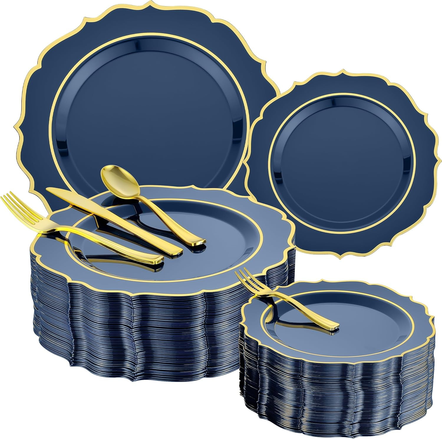 300 PCS Premium Navy Blue Hard Plastic Plates Set for 50 Guests, Heavy ...