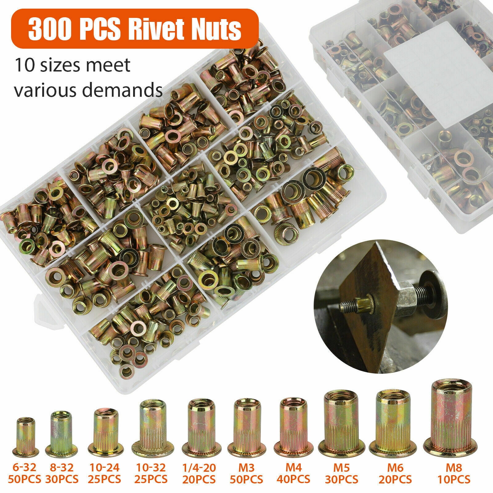 300 PCS Zinc Steel Metric Rivet Nut Kit Flat Head Insert Threaded ...