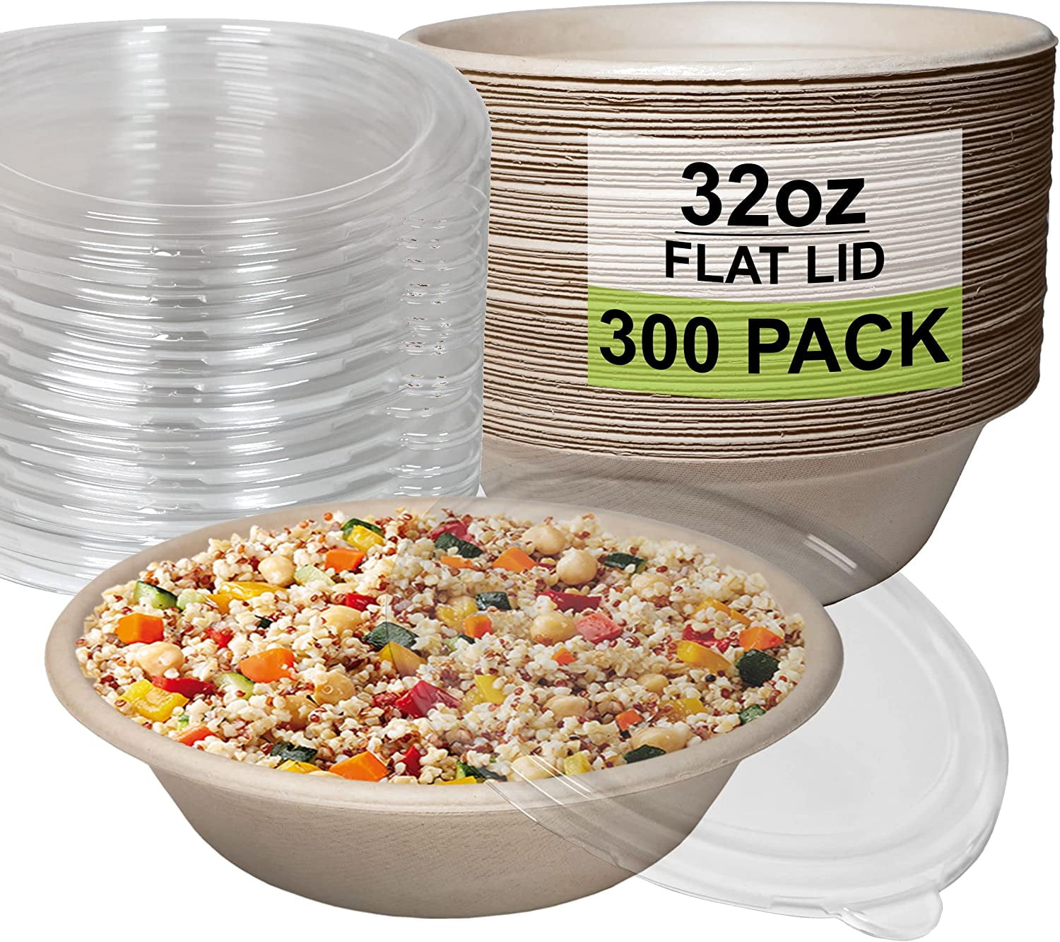 [300 Pack] 32 oz Round Disposable Compostable Paper Bowls with Lids ...
