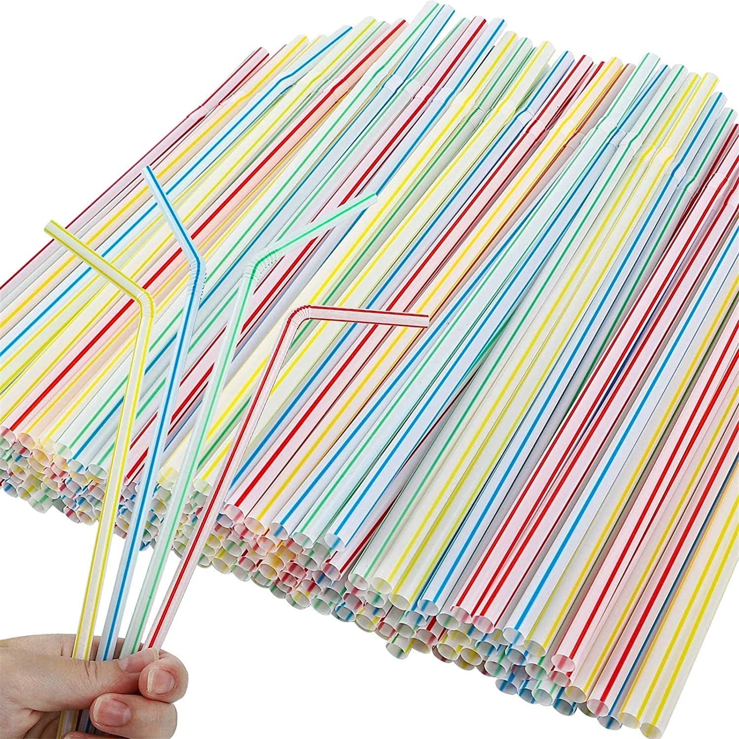 300 Pack Flexible Plastic Straws - Striped Multi Colored BPA-Free ...