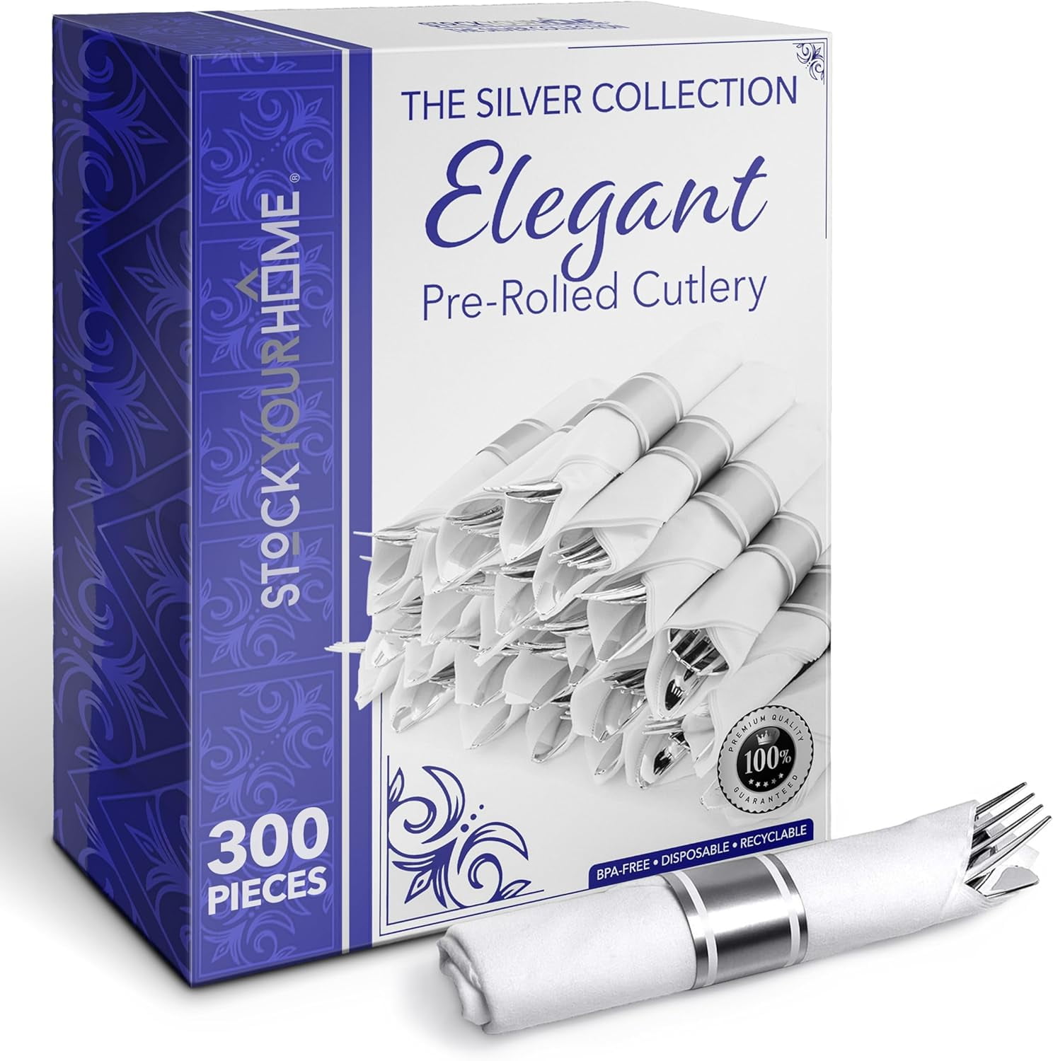 300 Pack Pre Rolled Silver Plastic Cutlery Set, Individually Wrapped ...