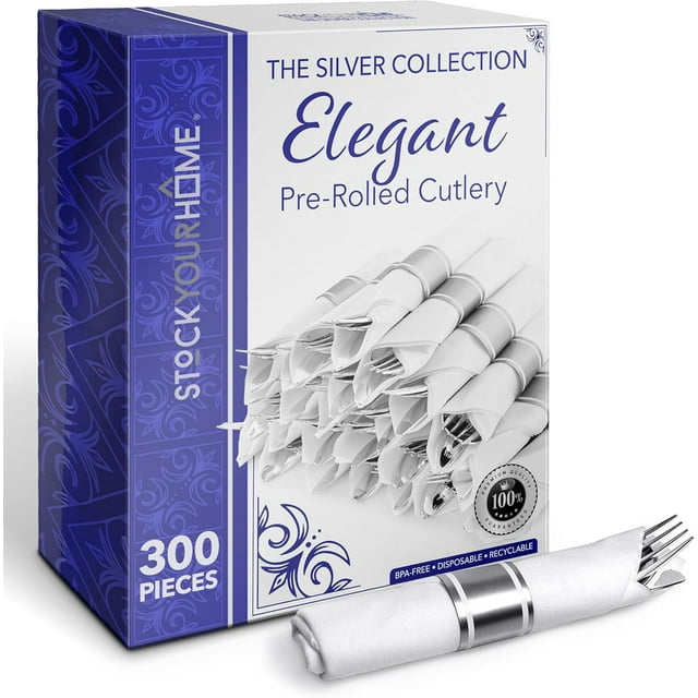 300 Pack Pre Rolled Silver Plastic Cutlery Set, Individually Wrapped ...