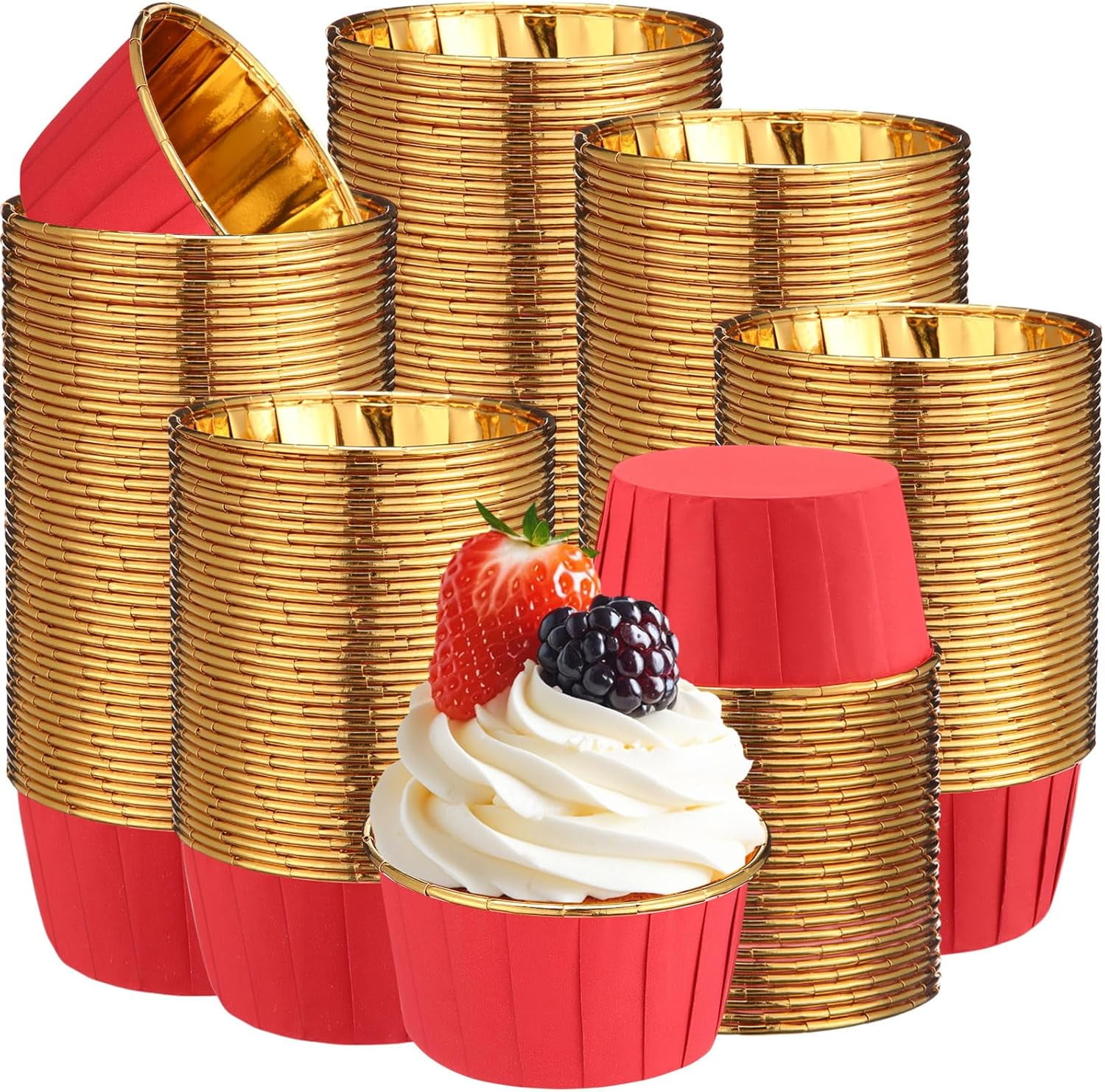 300 Pack Red Gold Cupcake Cups Bulk Disposable Foil Muffin Liners 4 oz ...