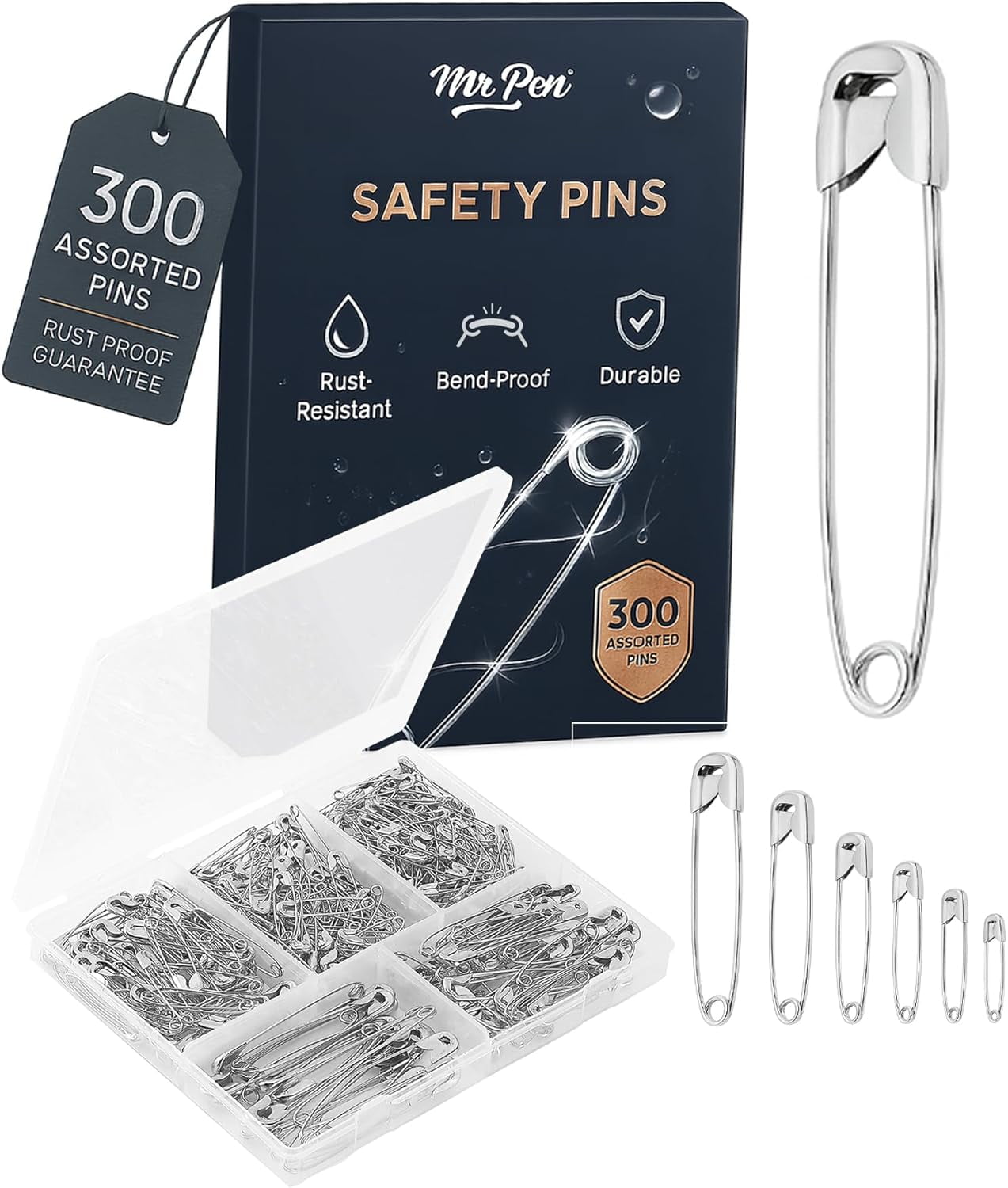 300 Pack Safety Pins, Assorted 5 Different Sized, Nickel Plated Steel ...