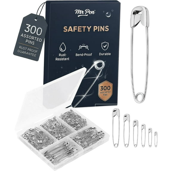300 Pack Safety Pins, Assorted 5 Different Sized, Nickel Plated Steel ...