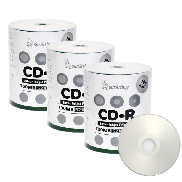 300 Pack Smartbuy 52X CD-R 700MB 80Min Silver Inkjet Hub Printable Data ...