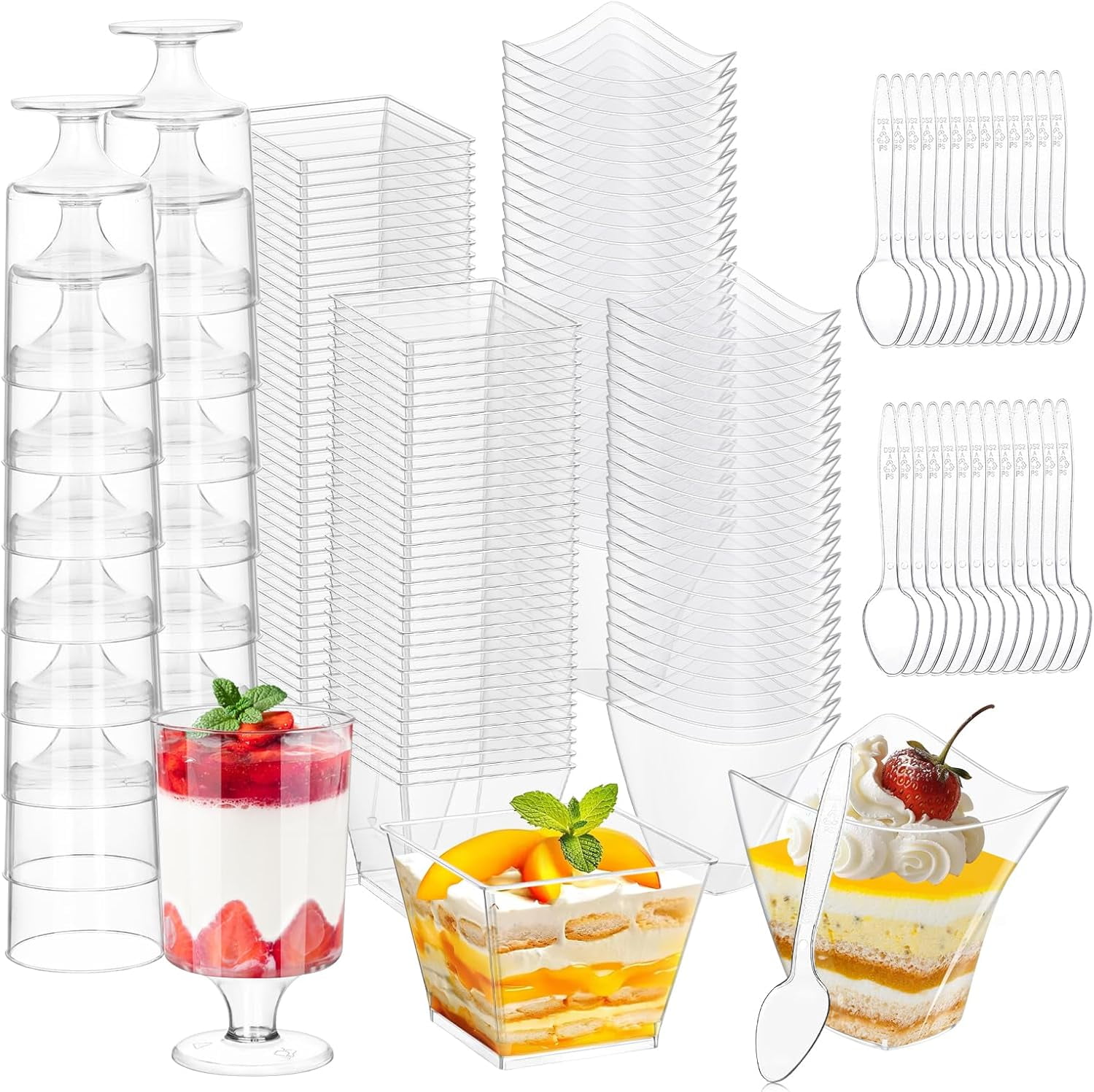 300 Packs Dessert Cups with Spoons, 3 Styles Mini Plastic Appetizer ...