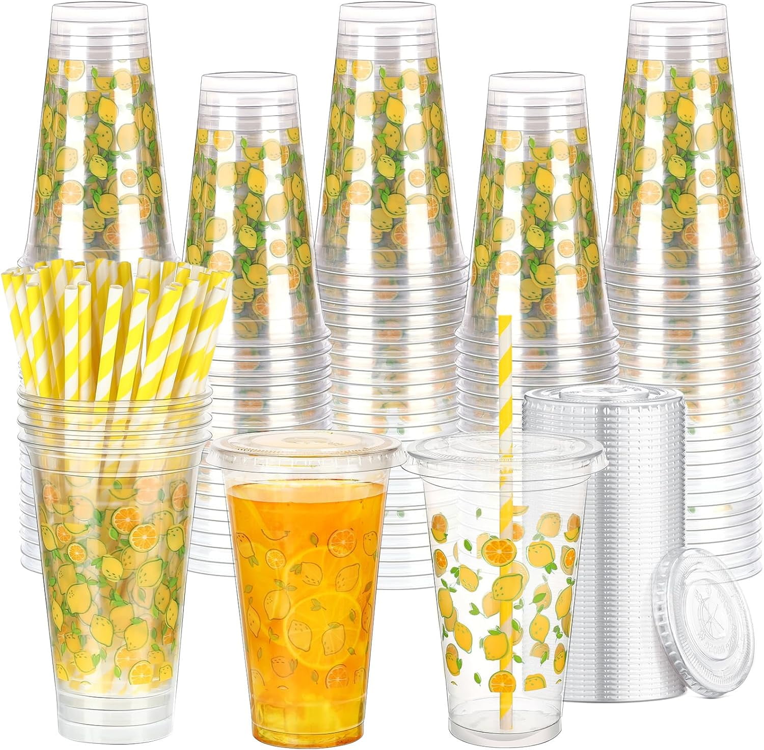 300 Pcs/ 100 Sets Lemonade Cups with Lids and Straw 16oz Bulk ...