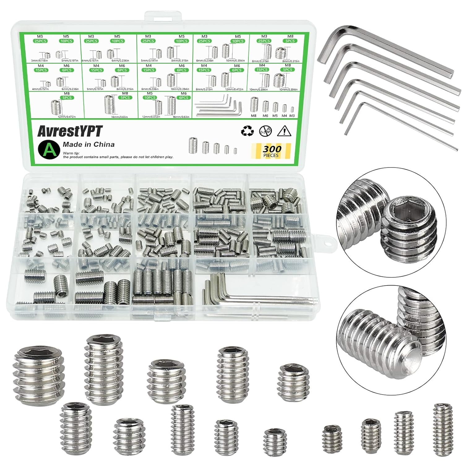 300 Pcs 24 Size Set Screws Assortment Kit (M3, M4, M5, M6, M8) Metric ...