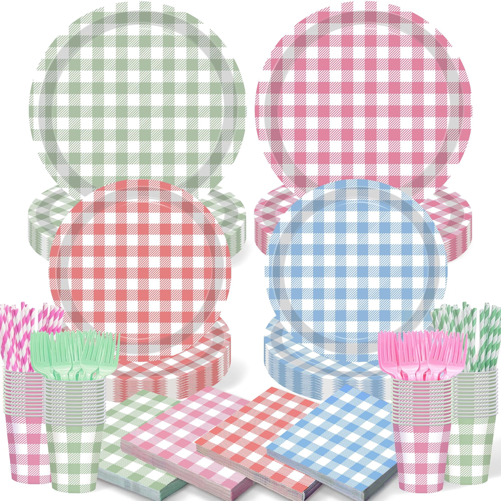 300 Pcs Camp Gingham Paper Plates MTN1 and Napkins Gingham Checkered ...