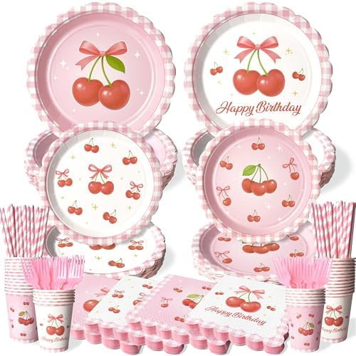 300 Pcs Cherry Plates and Napkins Tableware Set (Serves 50), Plates ...