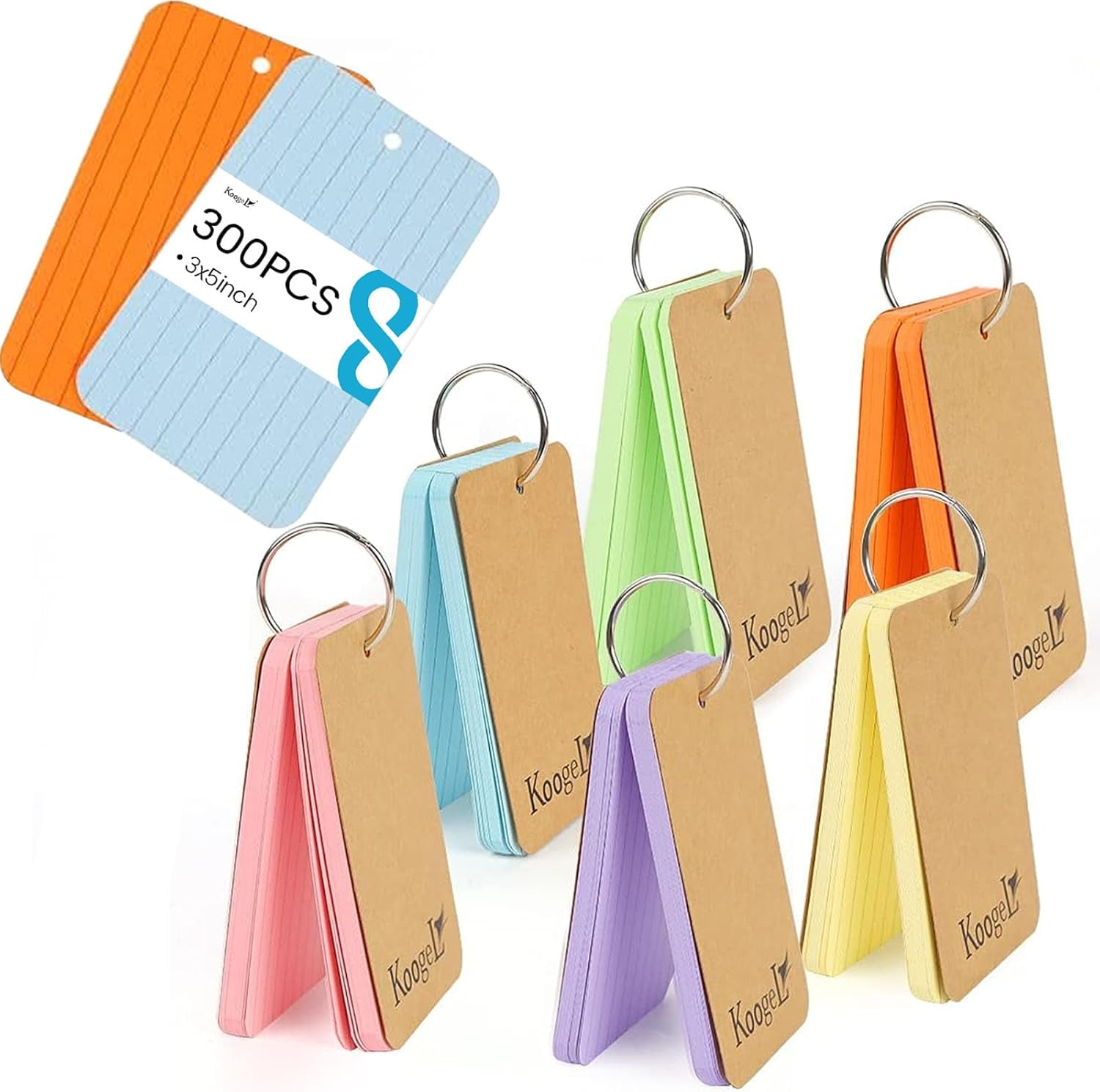 300 Pcs Colored Index Cards with Ring, 3 x 5 Inch Lined Ruled Flash ...