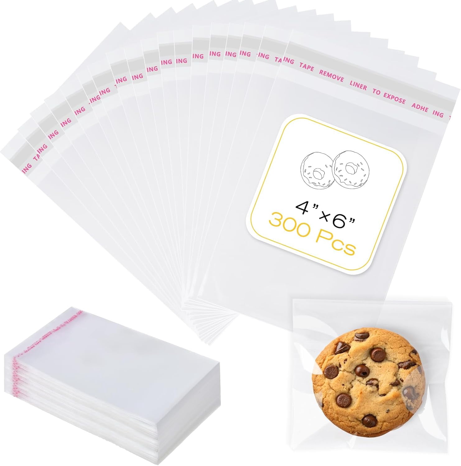 300 Pcs Cookie Bags with Seal, 4x6 Inches Self Sealing Cellophane Bags ...
