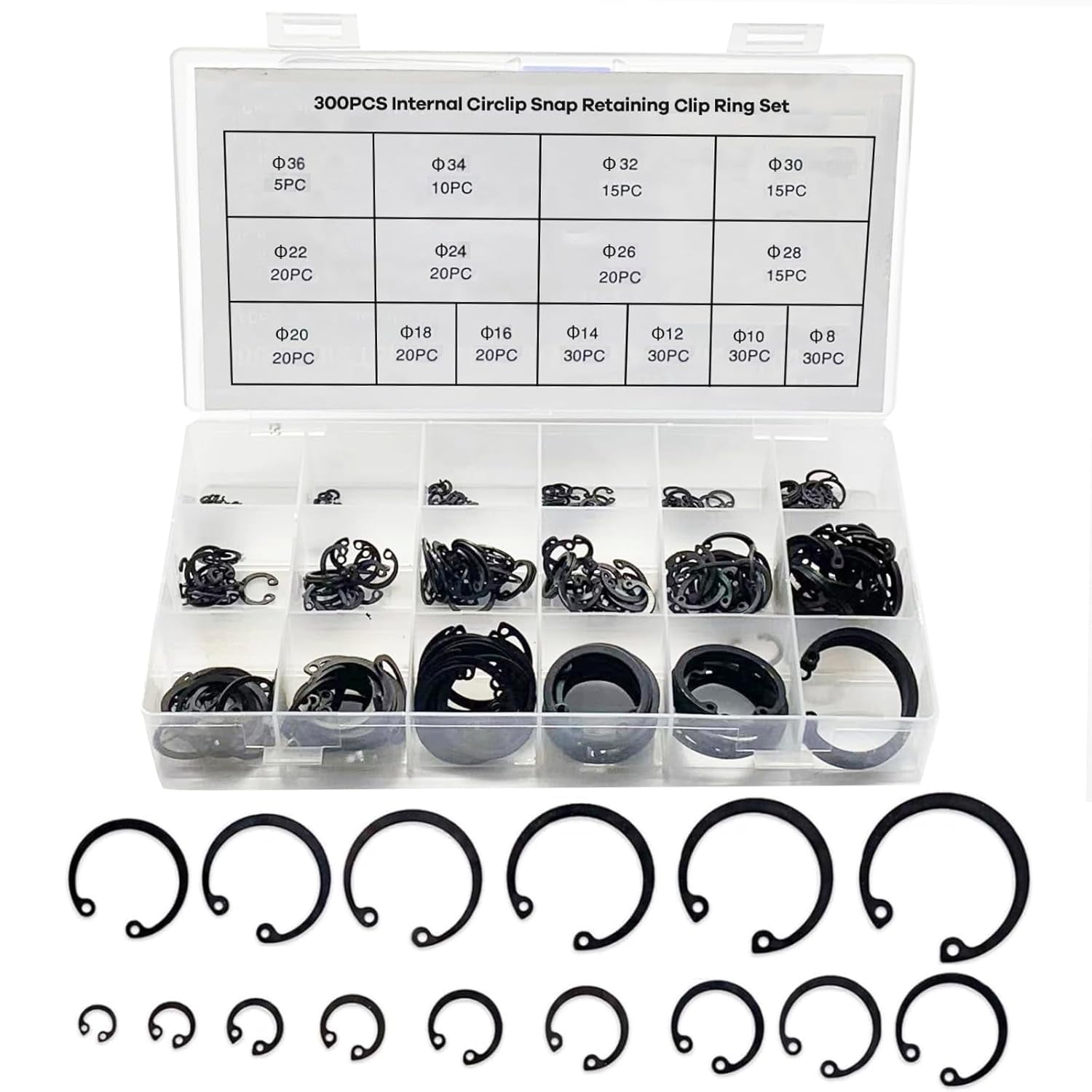 300-Pcs Internal Circlip Snap Retaining Clip Ring Assortment Set, Alloy ...