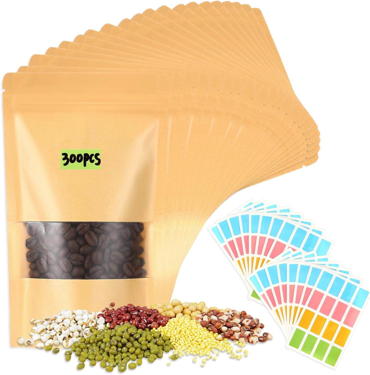 300 Pcs Kraft Stand up Pouches with Window 5 x 8 Inch Resealable Paper ...