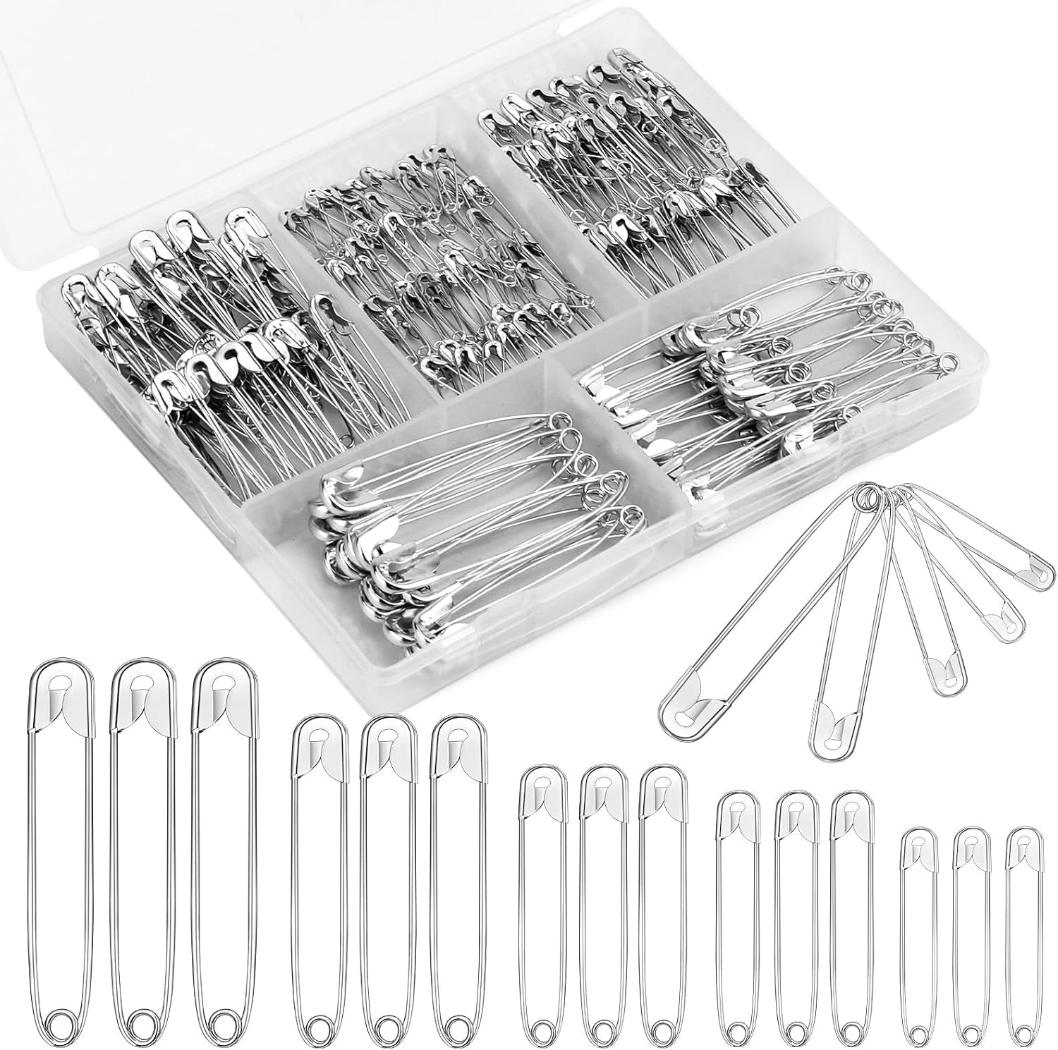 300 Pcs Safety Pins Bulk, 5 Sizes Silver Small and Large Safety Pins ...