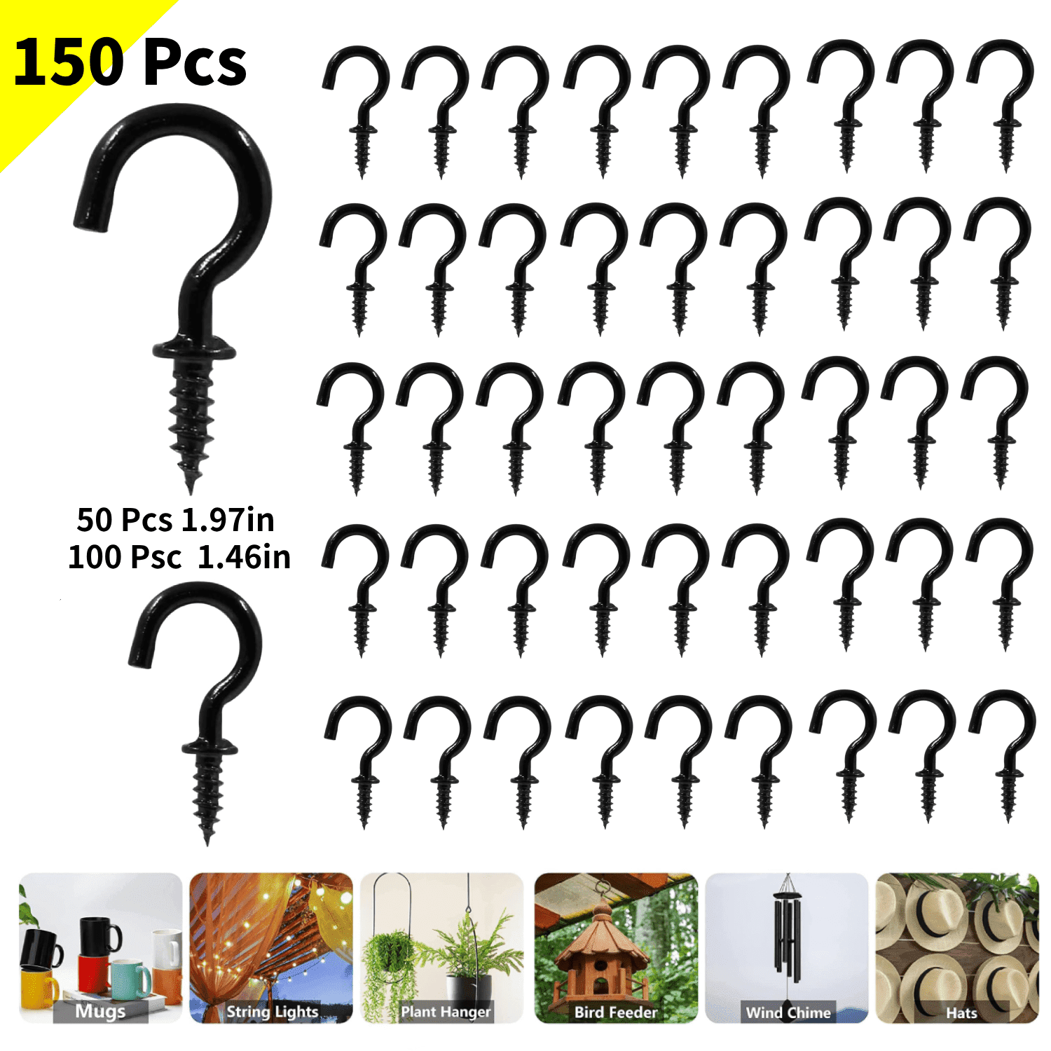 2 Sizes 150 Pcs Screw Hooks Kit,Ceiling Hooks,Hanger Hooks Outdoor ...
