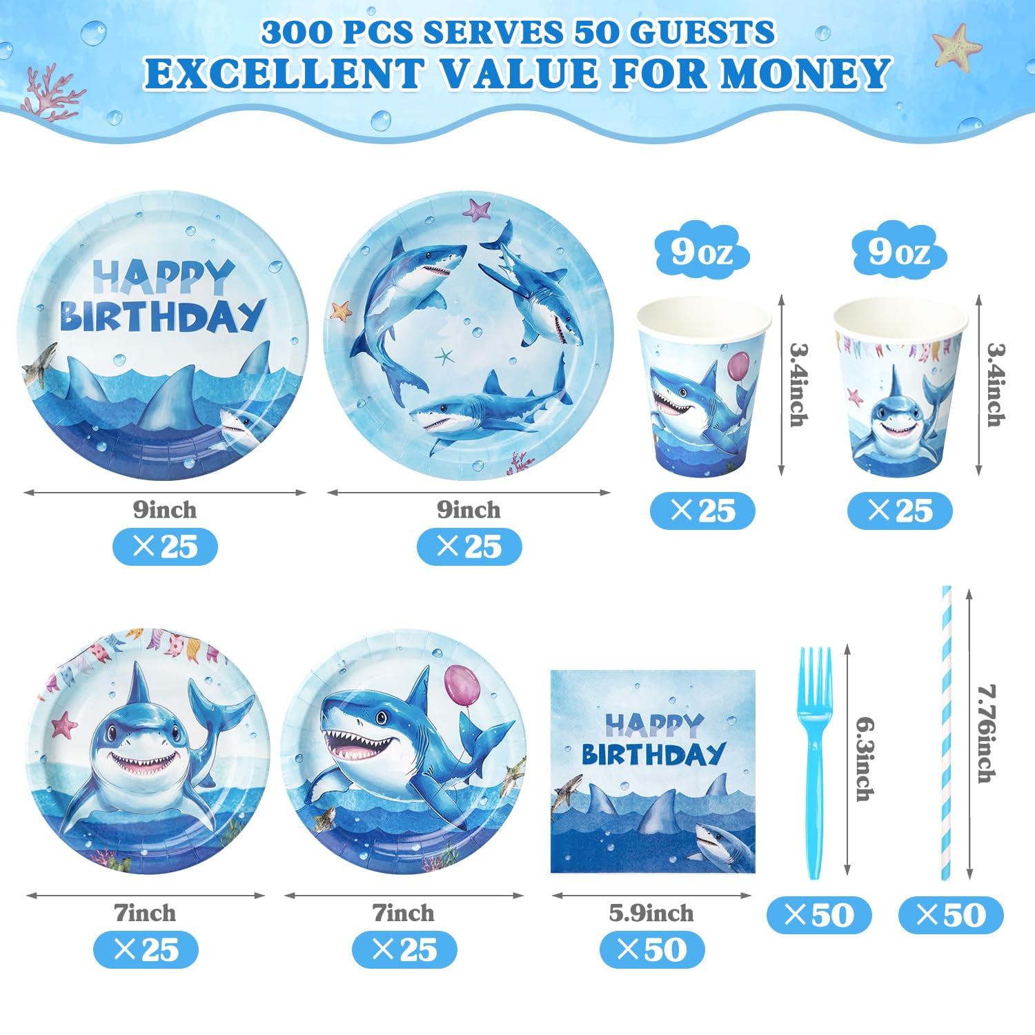 300 Pcs Shark AJH3 Plates and Napkins Tableware Set, Plates Napkins ...