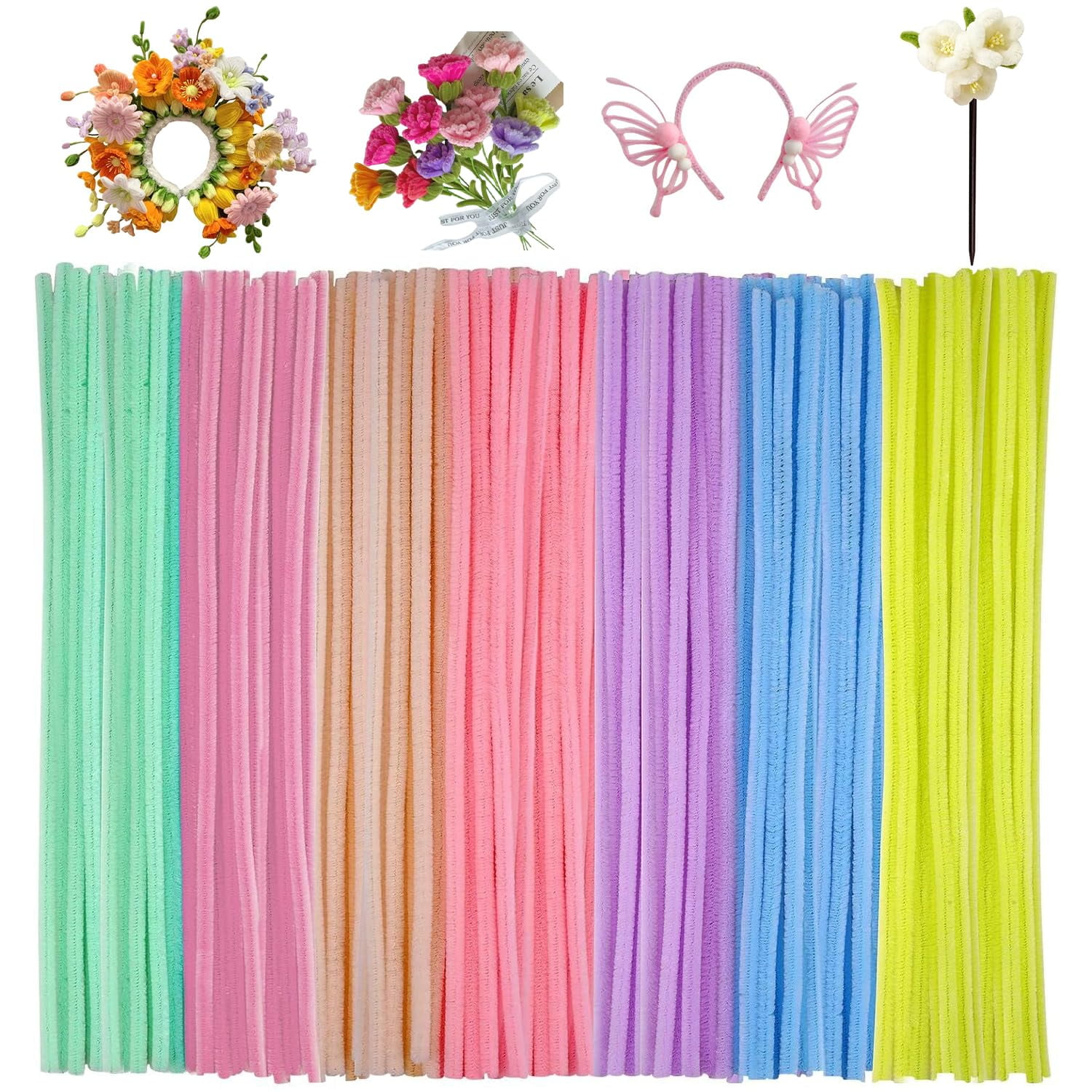300 Pcs Thick Pipe Cleaners Craft Supplies 7 Assortment Pastel Macaron ...