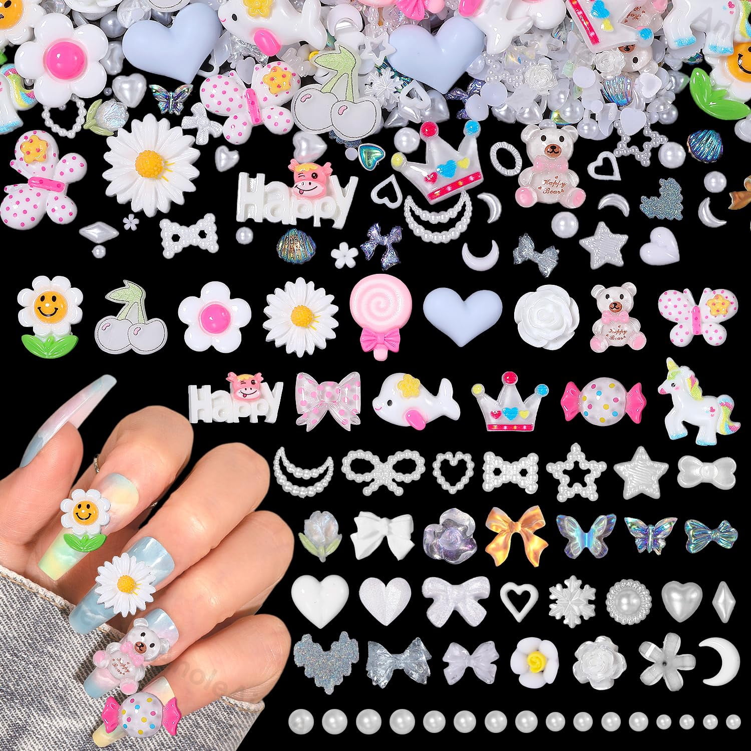300 Pcs White Charms for Junk Case, Assorted Acrylic Nail Charms, Cute ...