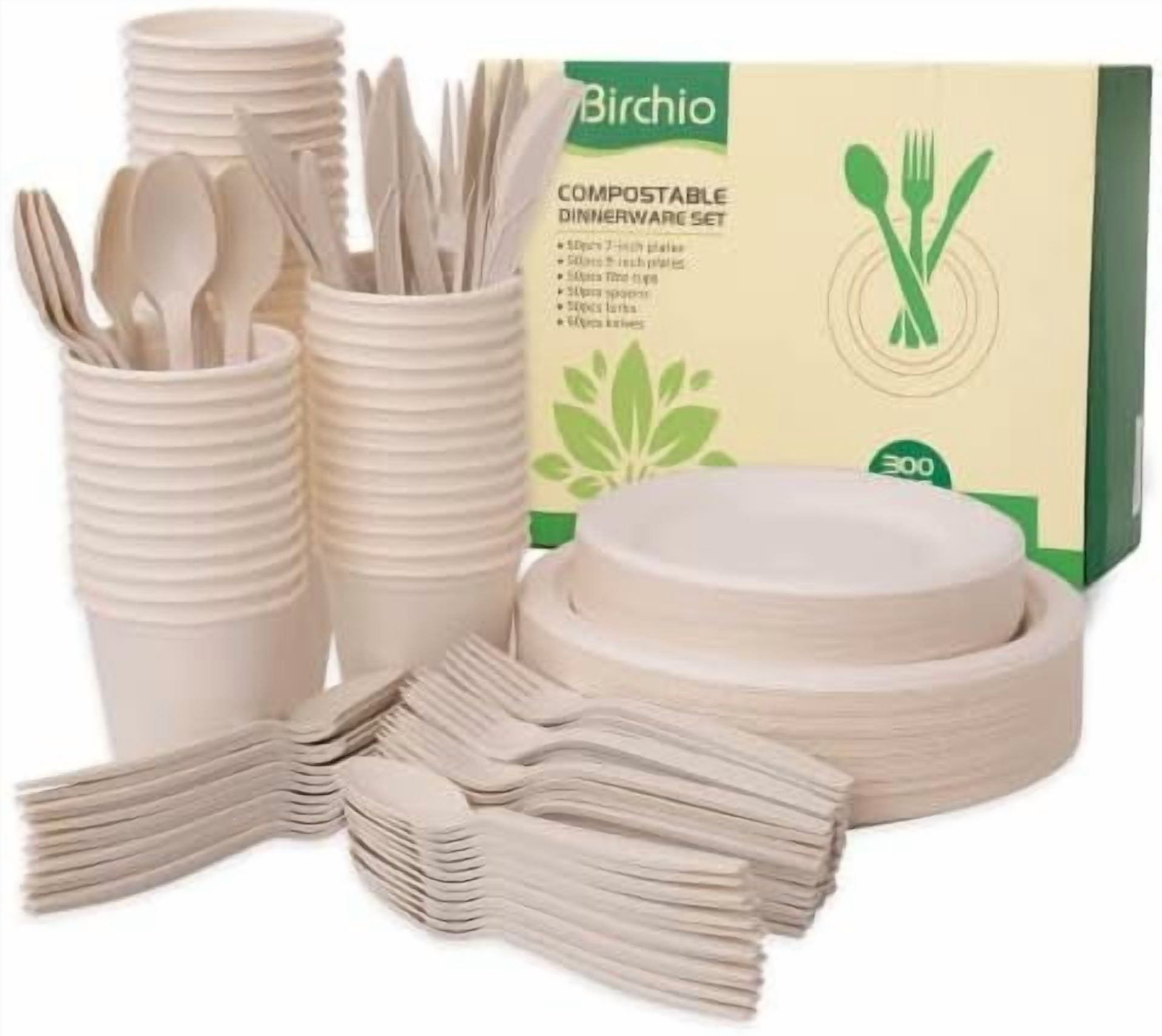 300 Piece (50 Sets) Biodegradable Paper Plates Set (EXTRA LONG UTENSILS ...